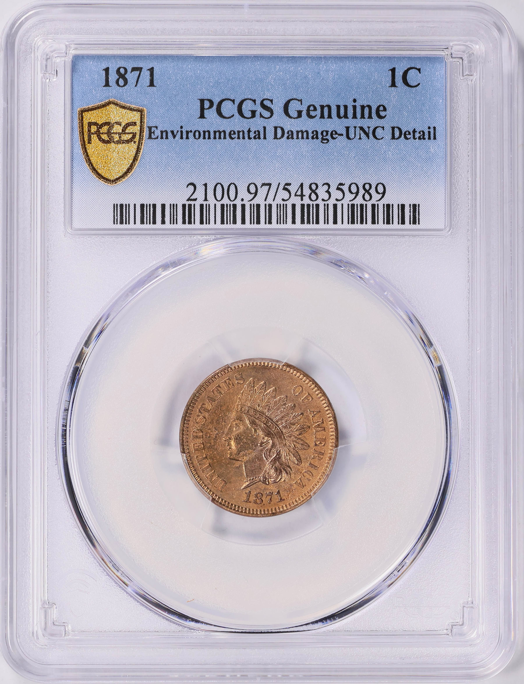 1871 Indian Cent PCGS Genuine Unc Details (Item 1801675) | GreatCollections Coin Auctions