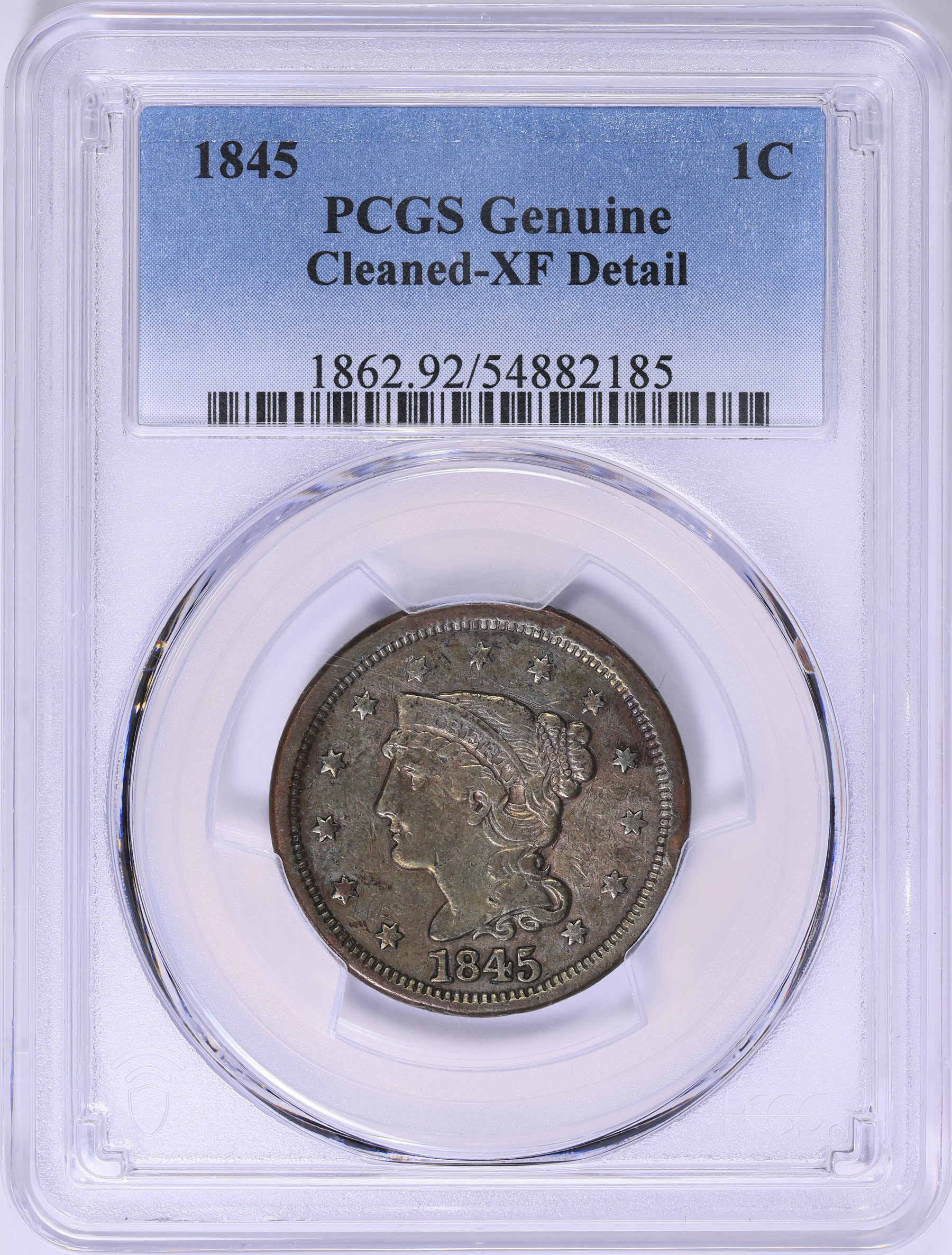 1845 Braided Hair Cent PCGS Genuine XF Details (Item 1801730) | GreatCollections Coin Auctions