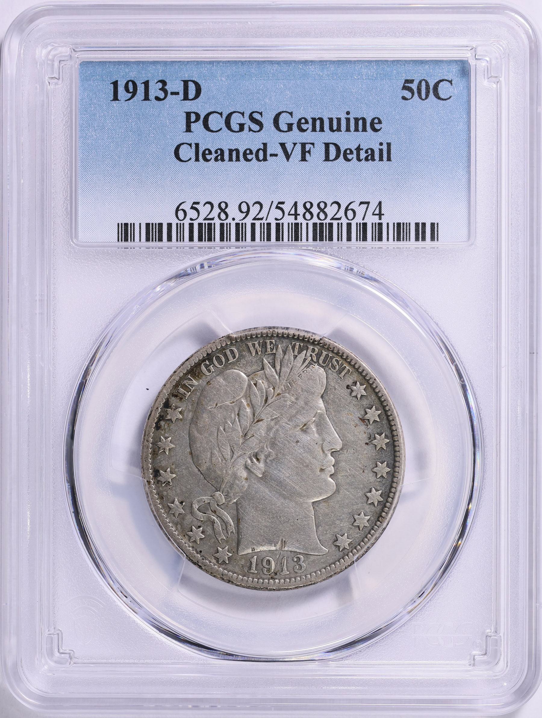 1913-D Barber Half Dollar PCGS Genuine VF Details (Item 1801965) | GreatCollections Coin Auctions