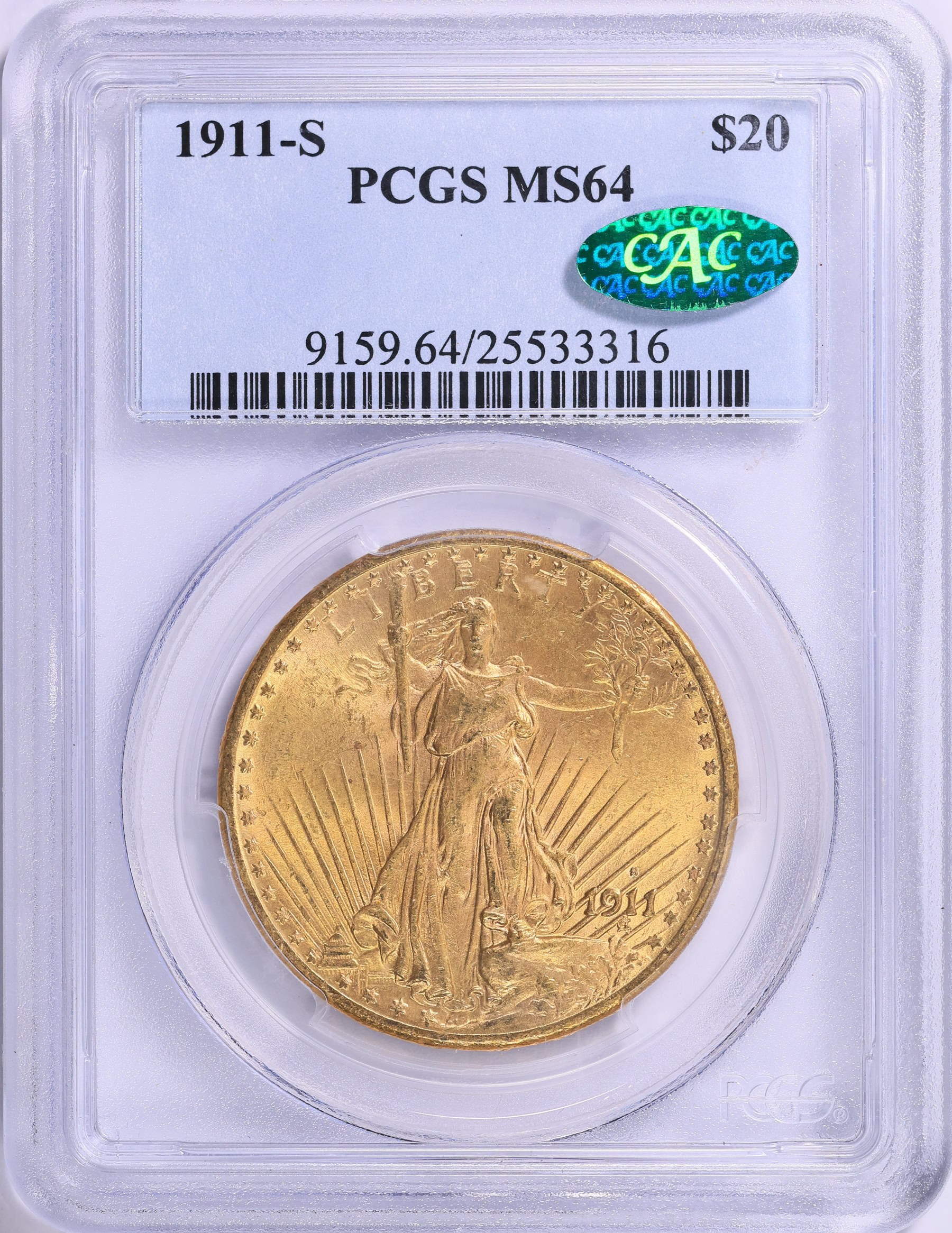 1911-S Saint-Gaudens Gold Double Eagle PCGS MS-64 (CAC Green) (Item 1802261) | GreatCollections ...