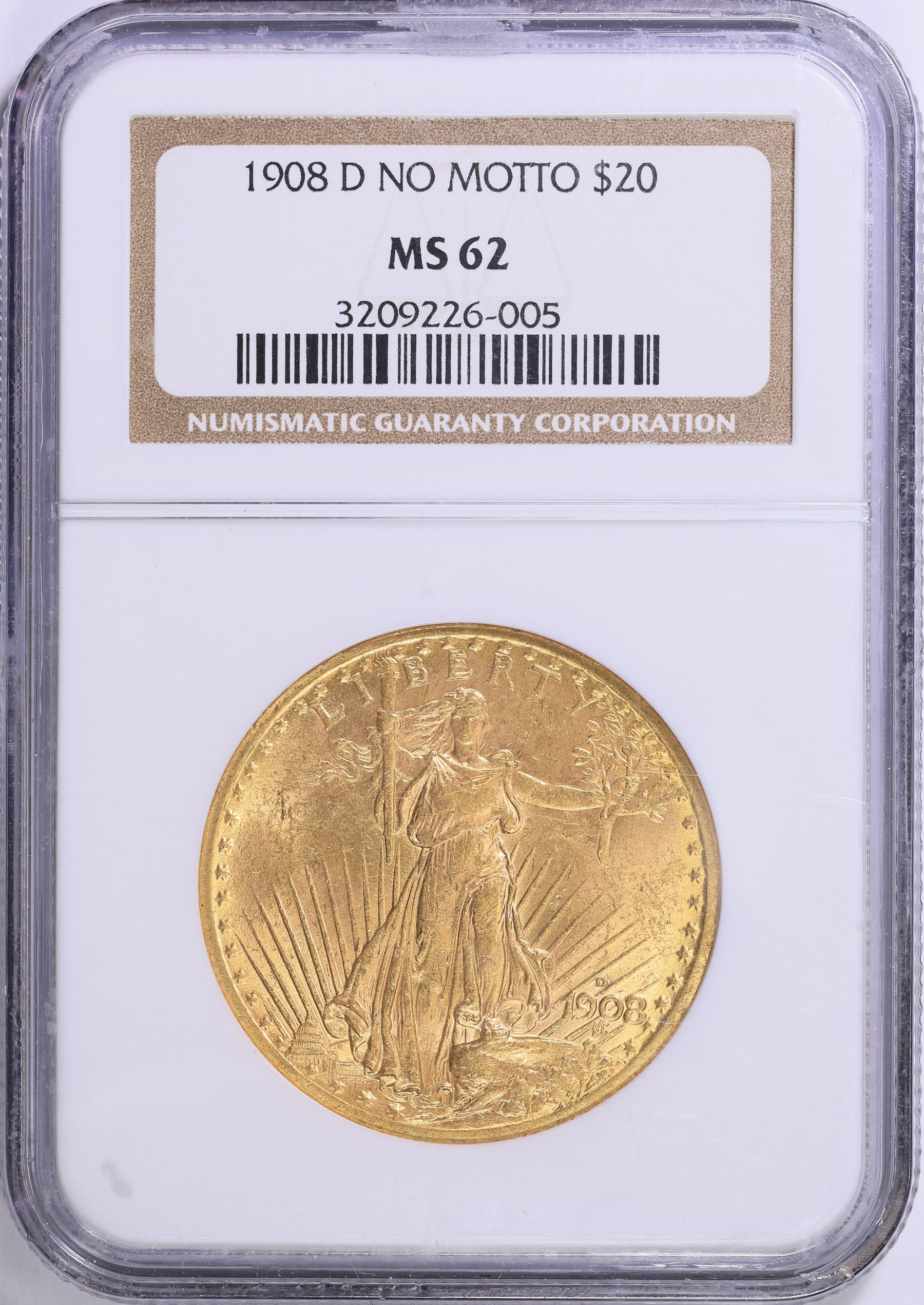 1908-D Saint-Gaudens Gold Double Eagle No Motto NGC MS-62 (Item 1802280) | GreatCollections Coin ...