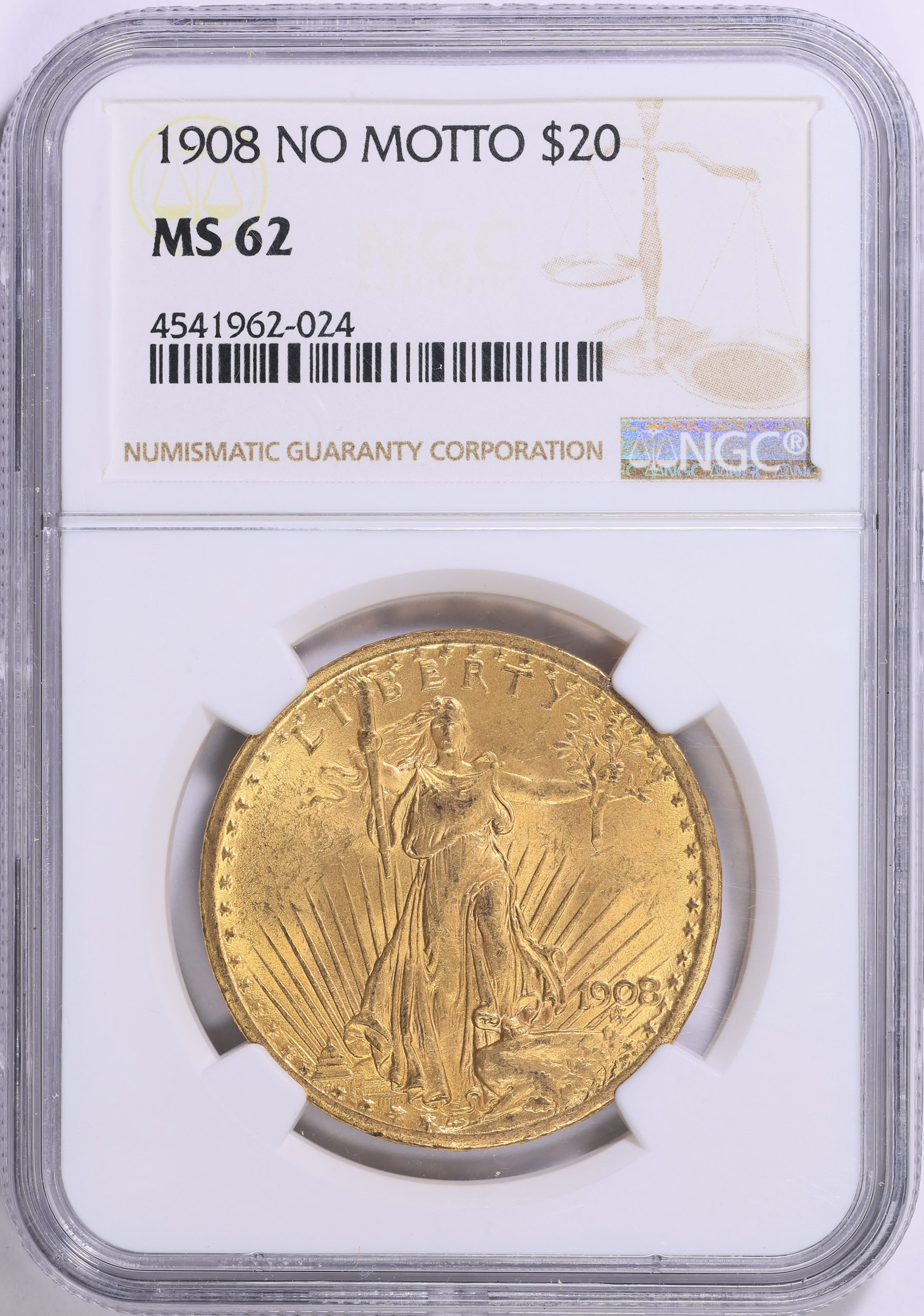 1908 Saint-Gaudens Gold Double Eagle No Motto NGC MS-62 (Item 1802281) | GreatCollections Coin ...