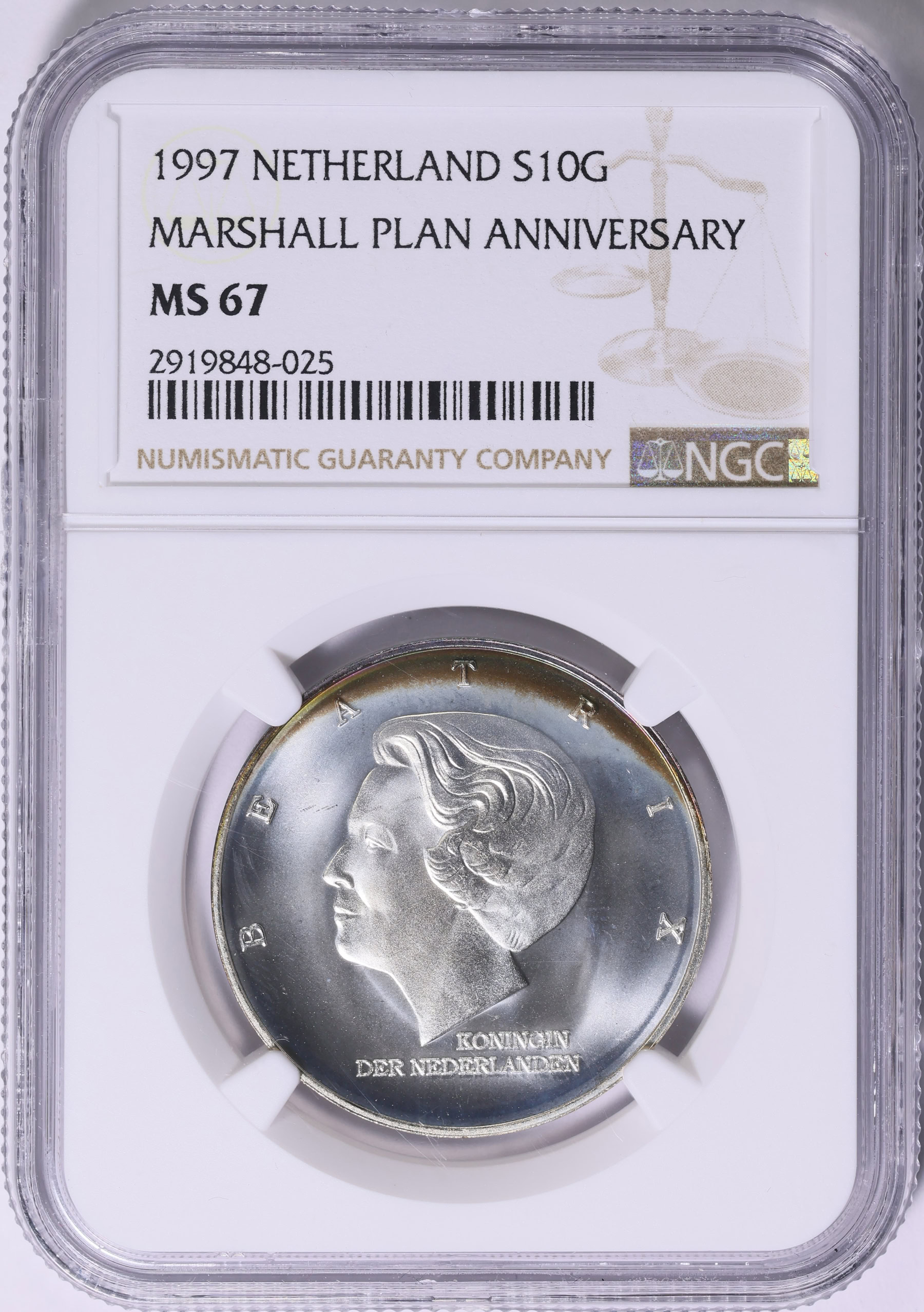Netherlands 1997 Silver 10 Gulden Marshall Plan Anniversary KM-224 NGC ...