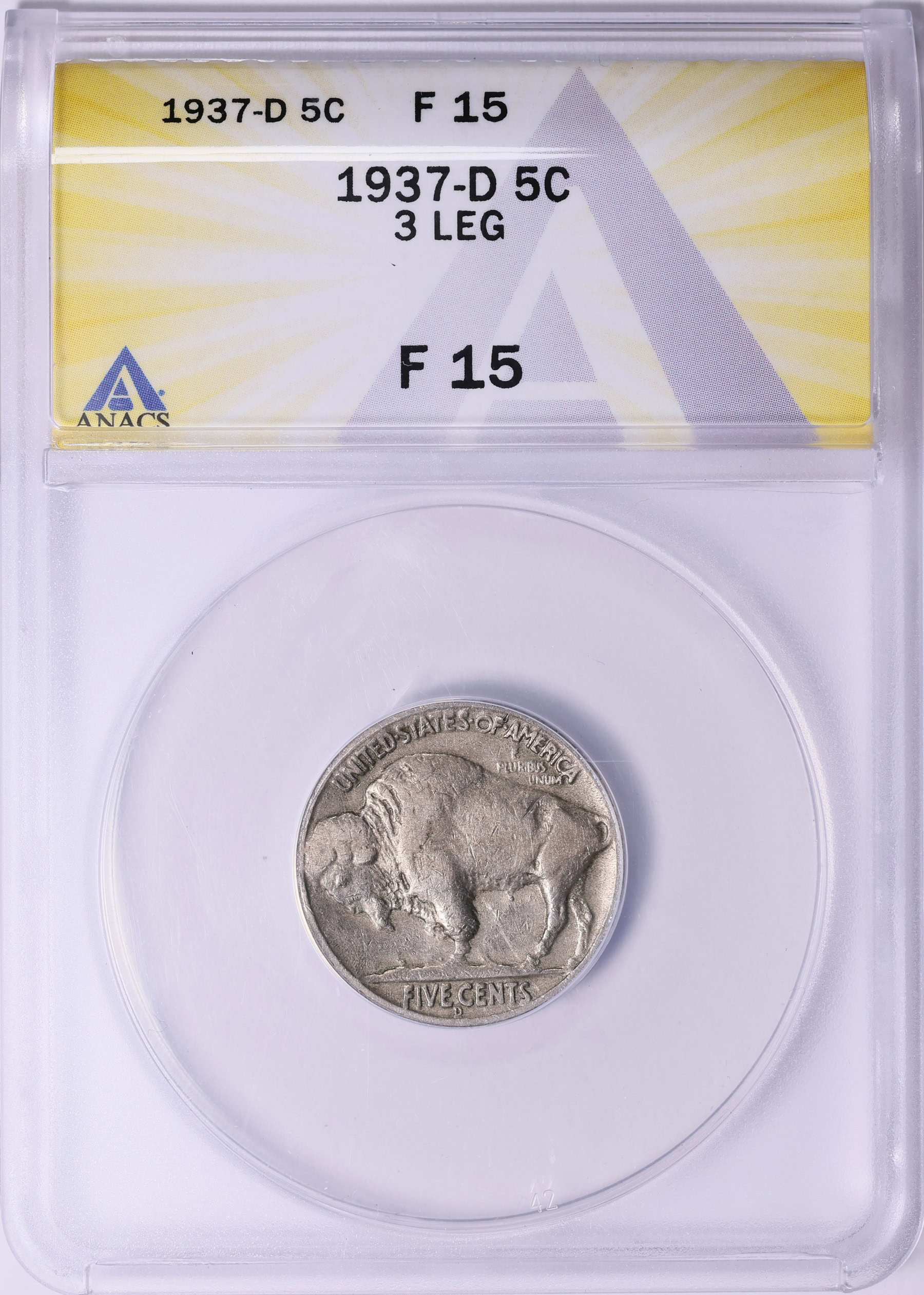 1937-D Buffalo Nickel 3 Legs ANACS F-15 (Item 1802407) | GreatCollections Coin Auctions