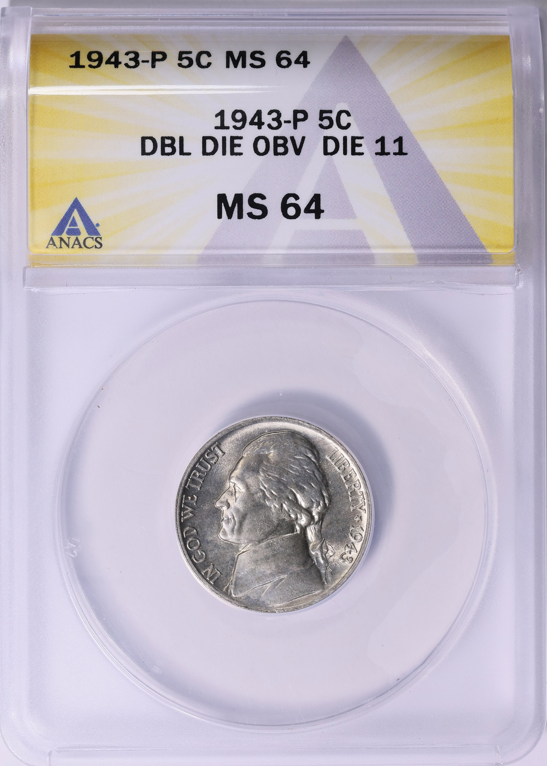1943-P Jefferson Nickel Doubled Die Obverse Die 11 ANACS MS-64 (Item ...