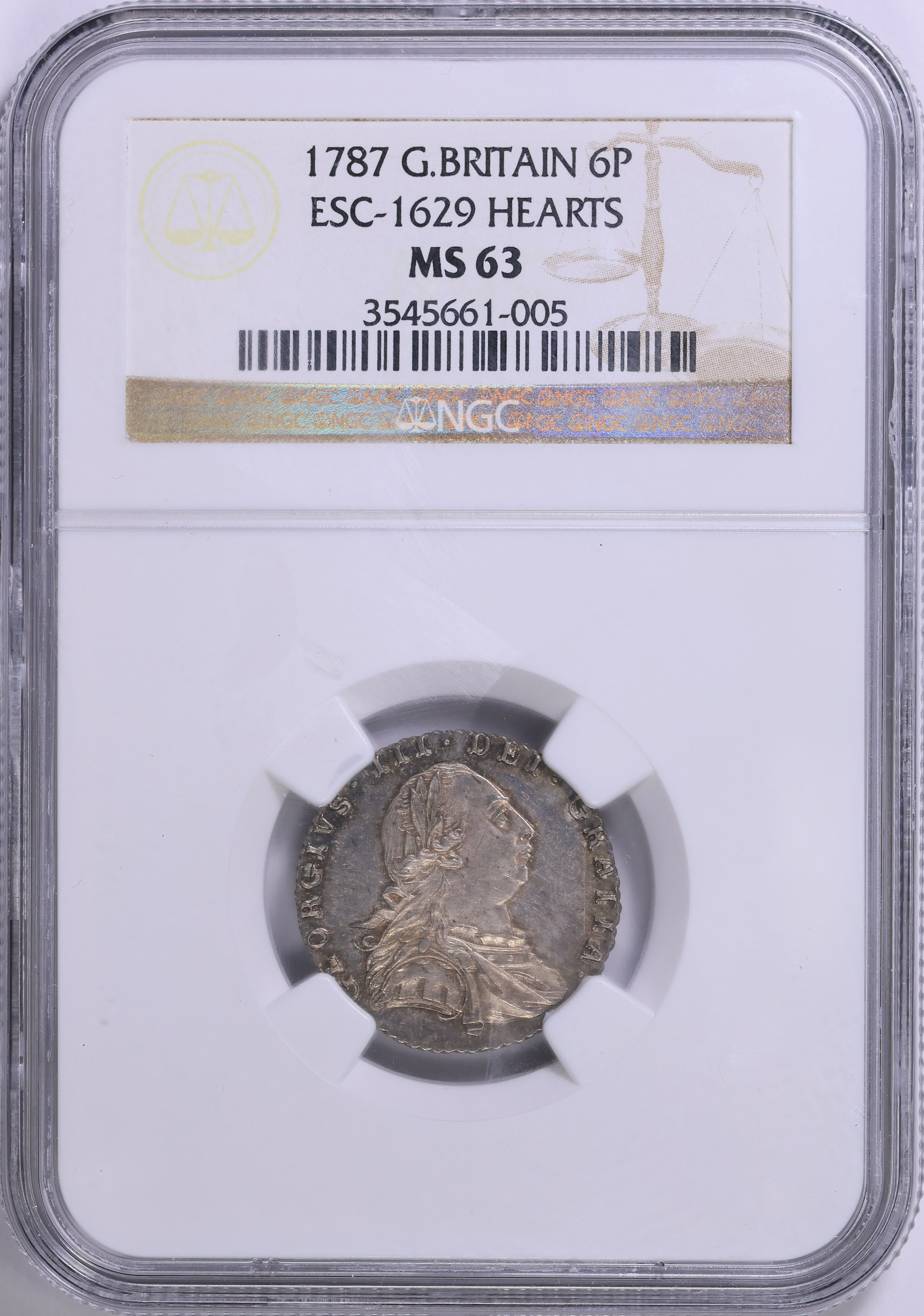 Great Britain 1787 Silver 6 Pence With Hearts KM-606.2 NGC MS-63 (Toned ...