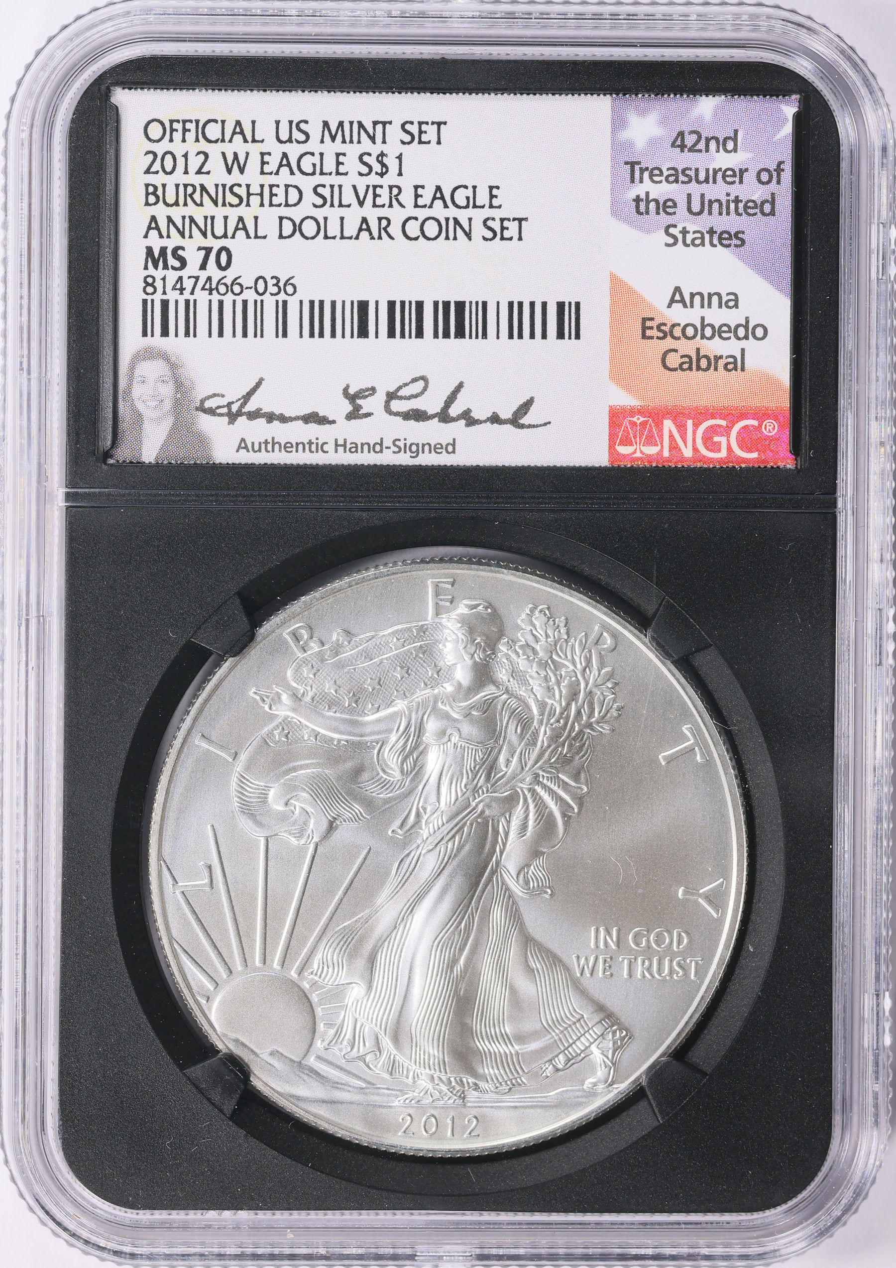 2012-W $1 Silver Eagle Burnished NGC MS-70 (Anna Cabral Signed Label) (Black Retro Holder) (Item ...