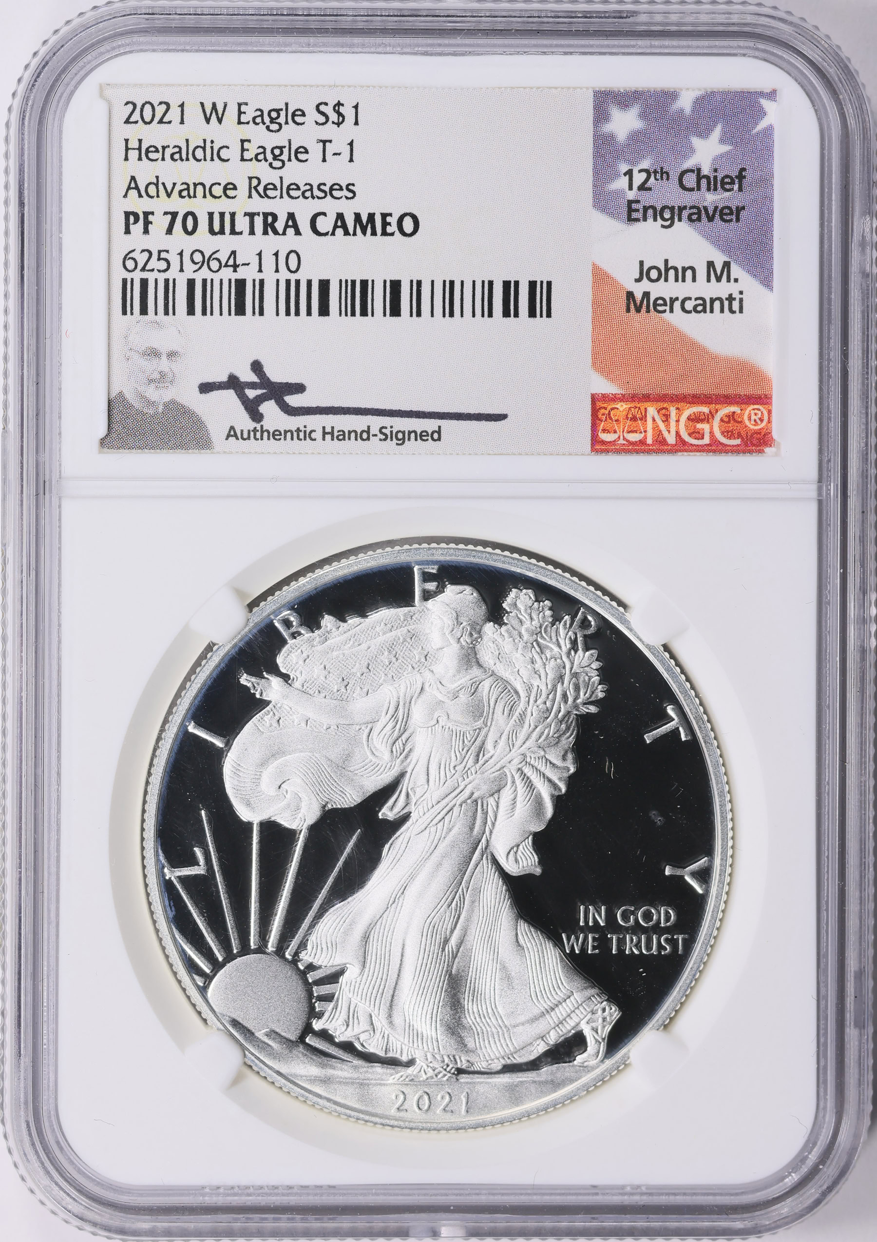 2021-W $1 Silver Eagle Type 1 Advance Release NGC Proof-70 UC (Mercanti Signed Label) (Item ...