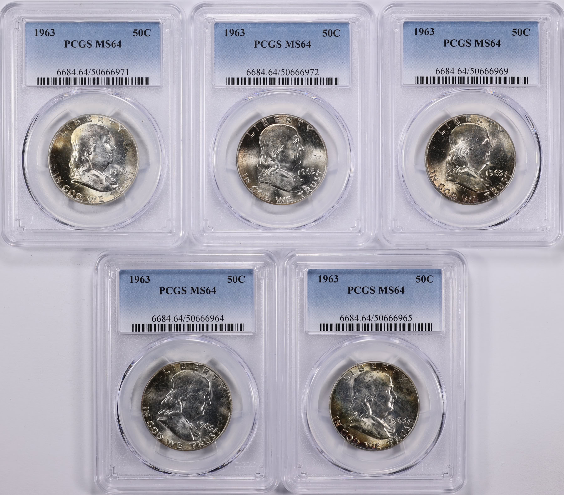1963 Franklin Half Dollar PCGS MS-64 (5 Coins) (Toned) (Item 1802714 ...
