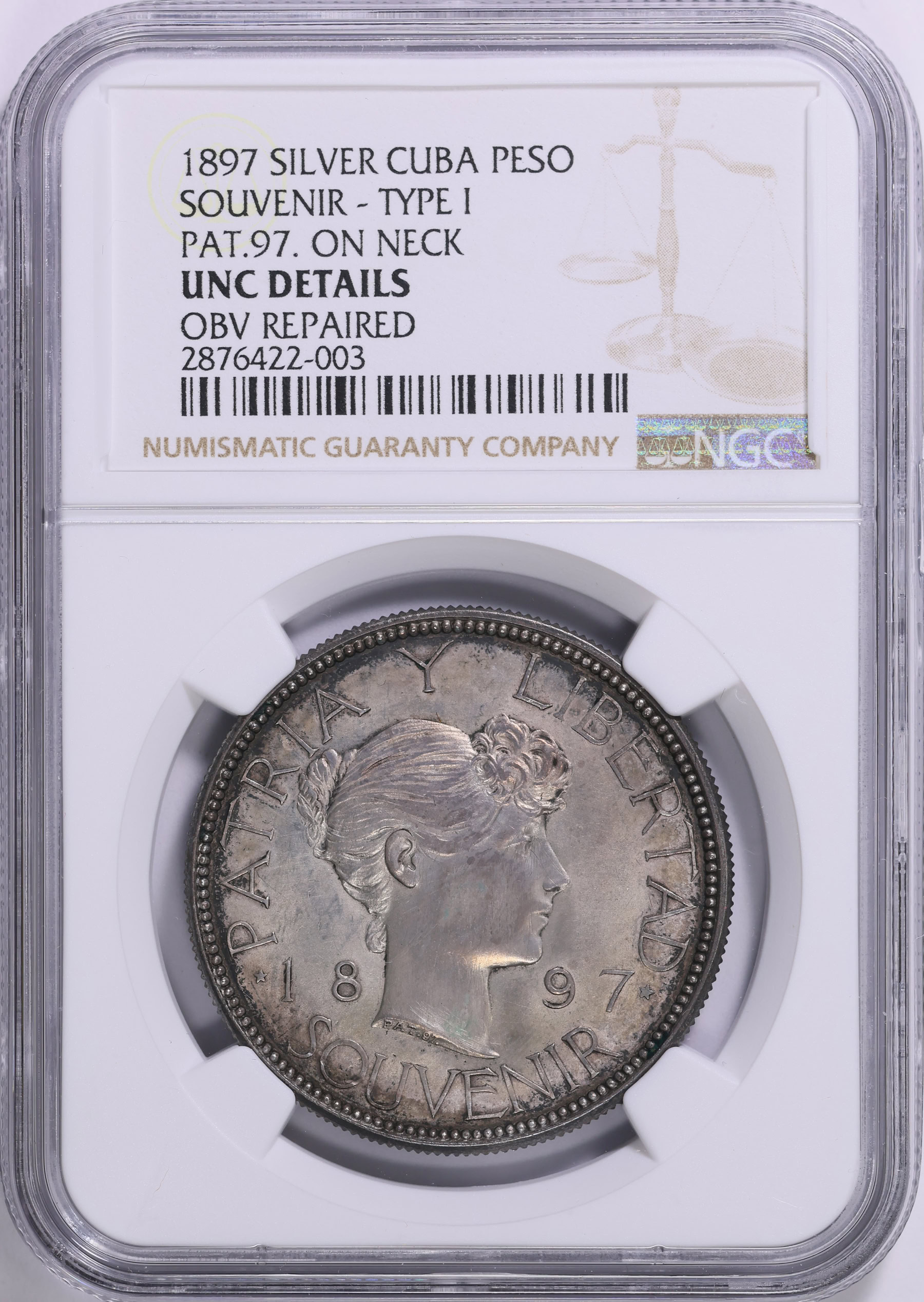 Cuba 1897 Silver Souvenir Peso Pat. 97. on Neck KM-M1 NGC Unc Details ...