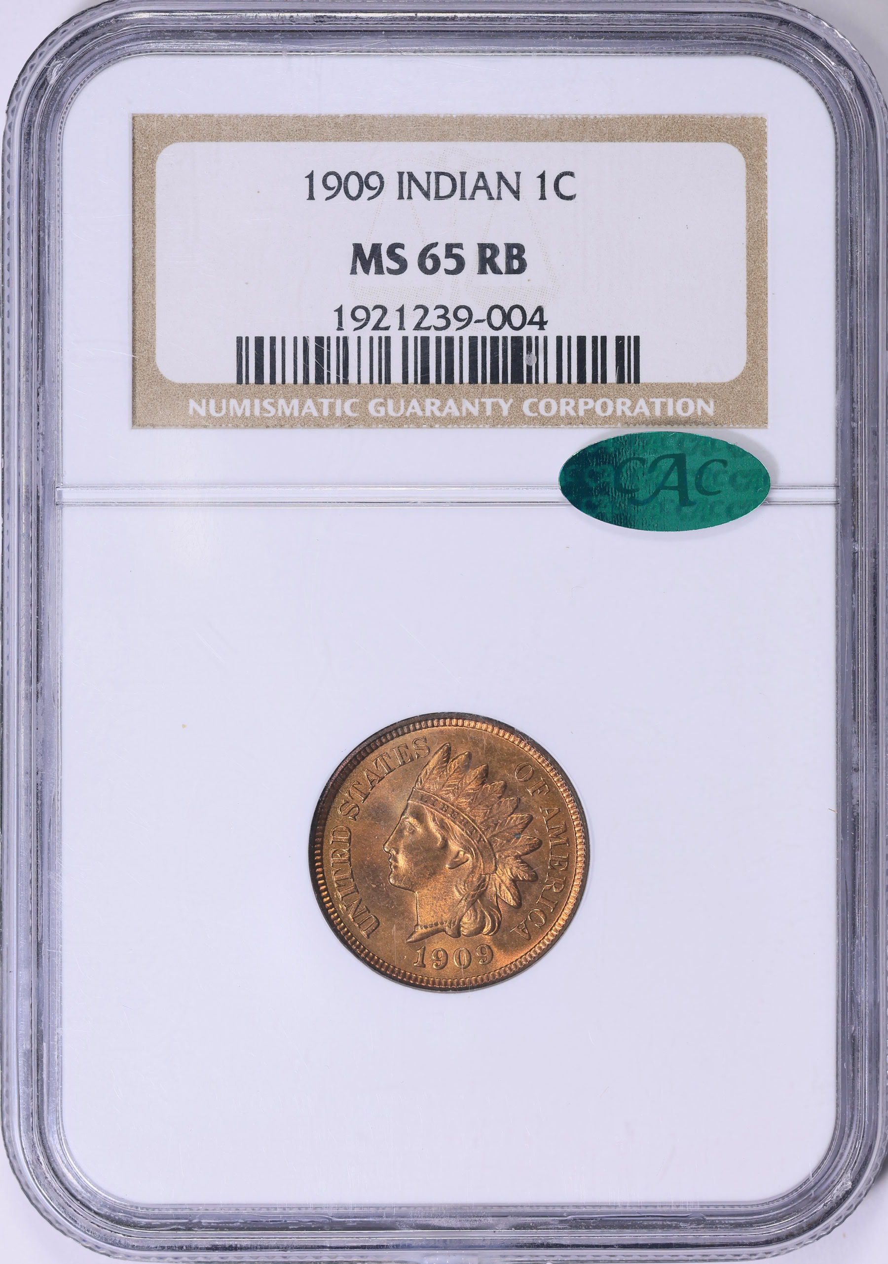 1909 Indian Cent NGC MS-65 RB (CAC Green) (Item 1802868) | GreatCollections Coin Auctions