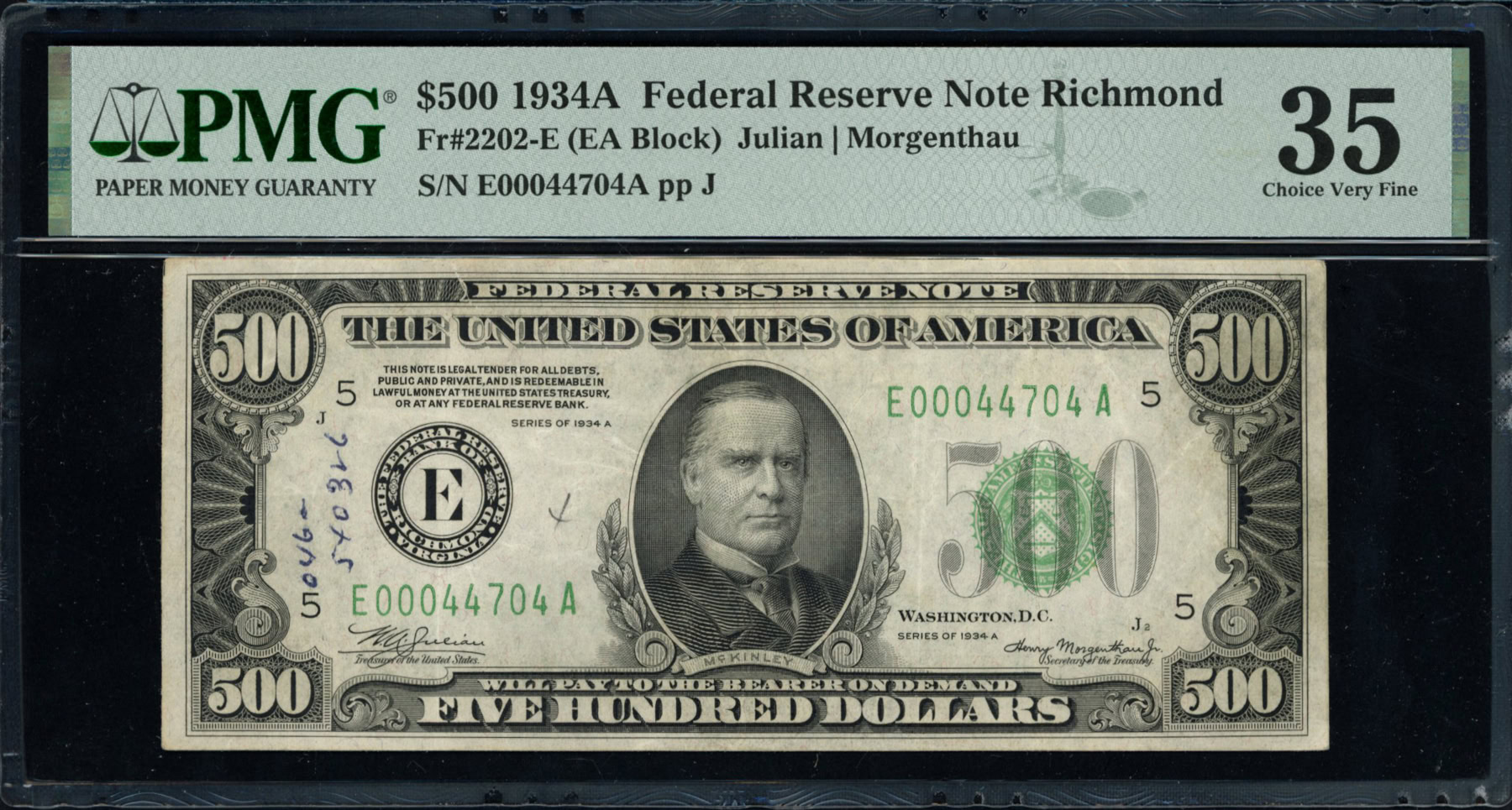 Fr. 2202-E (EA Block) 1934A $500 Richmond Federal Reserve Note Julian ...
