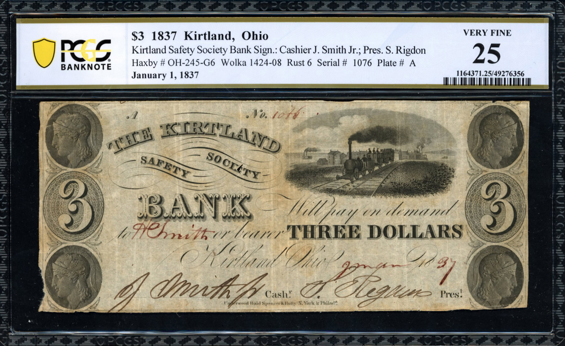 Jan. 1, 1837 Kirtland, Ohio Kirtland Safety Society Bank $3 Note Smith ...