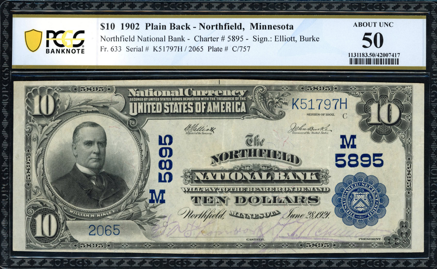 Fr. 633 Northfield, Minnesota 1902 $10 Plain Back Note Northfield ...