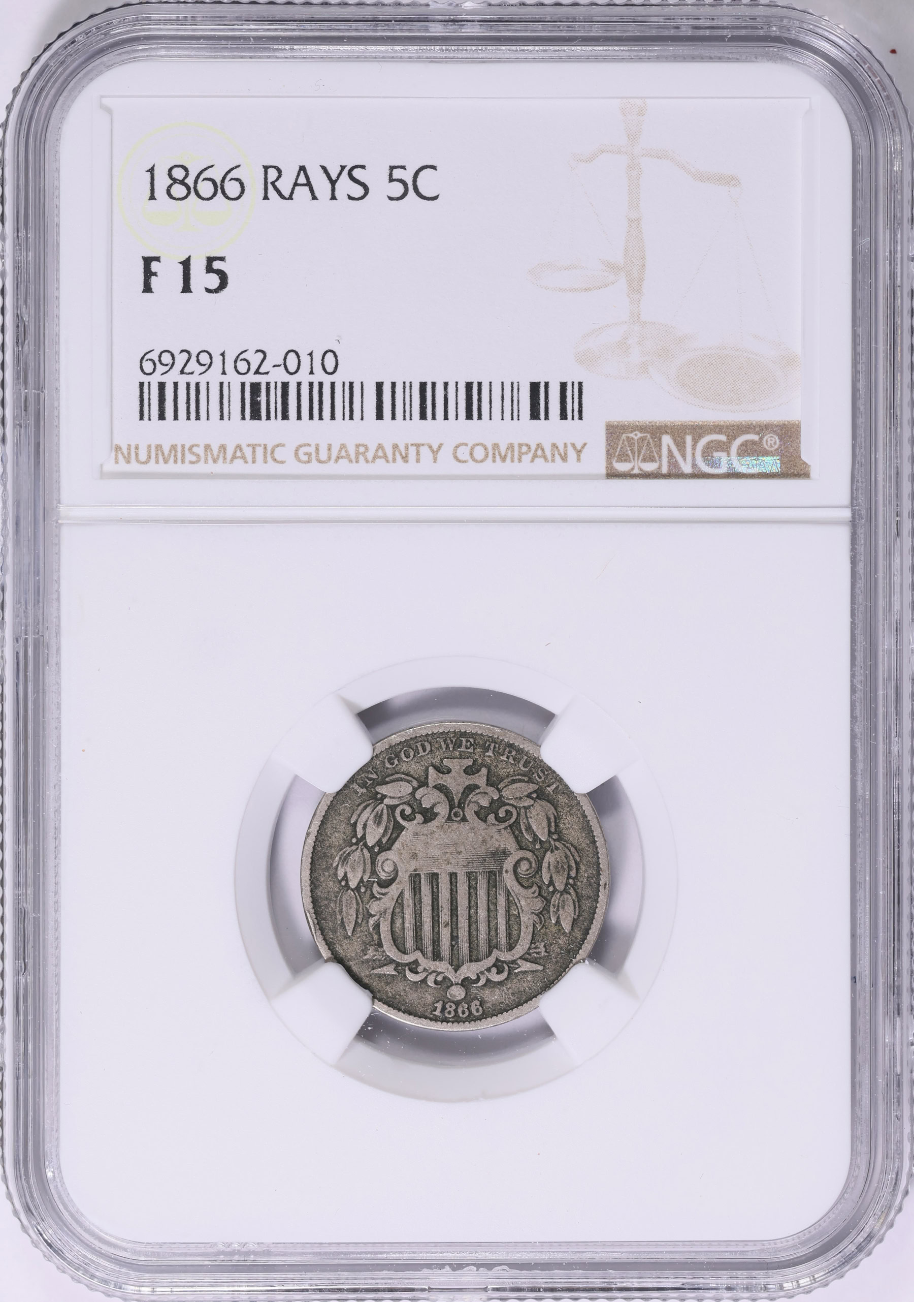 1866 Shield Nickel Rays NGC F-15 (Item 1803193) | GreatCollections Coin Auctions