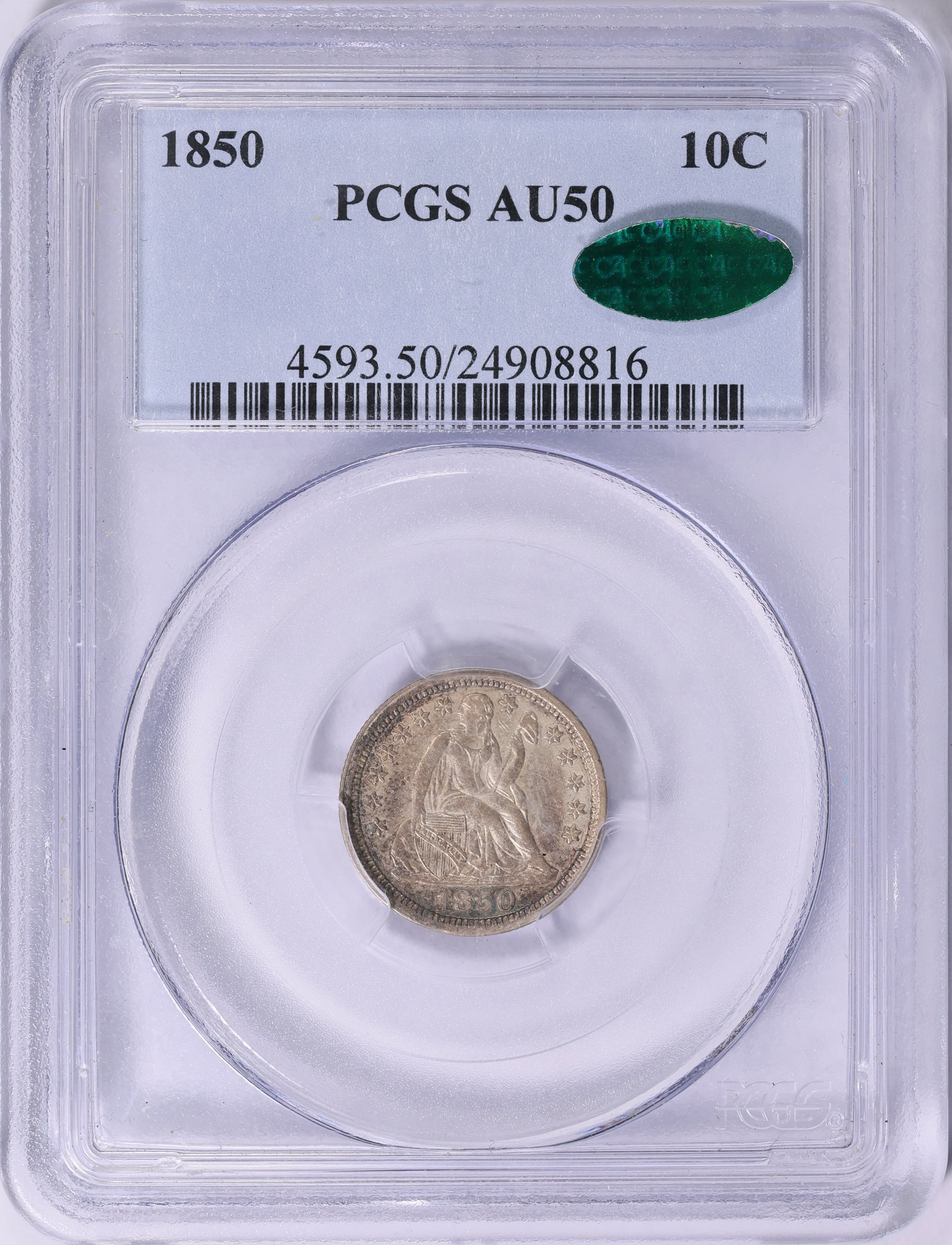 1850 Seated Liberty Dime PCGS AU-50 (CAC Green) (Toned) (Item 1803250 ...