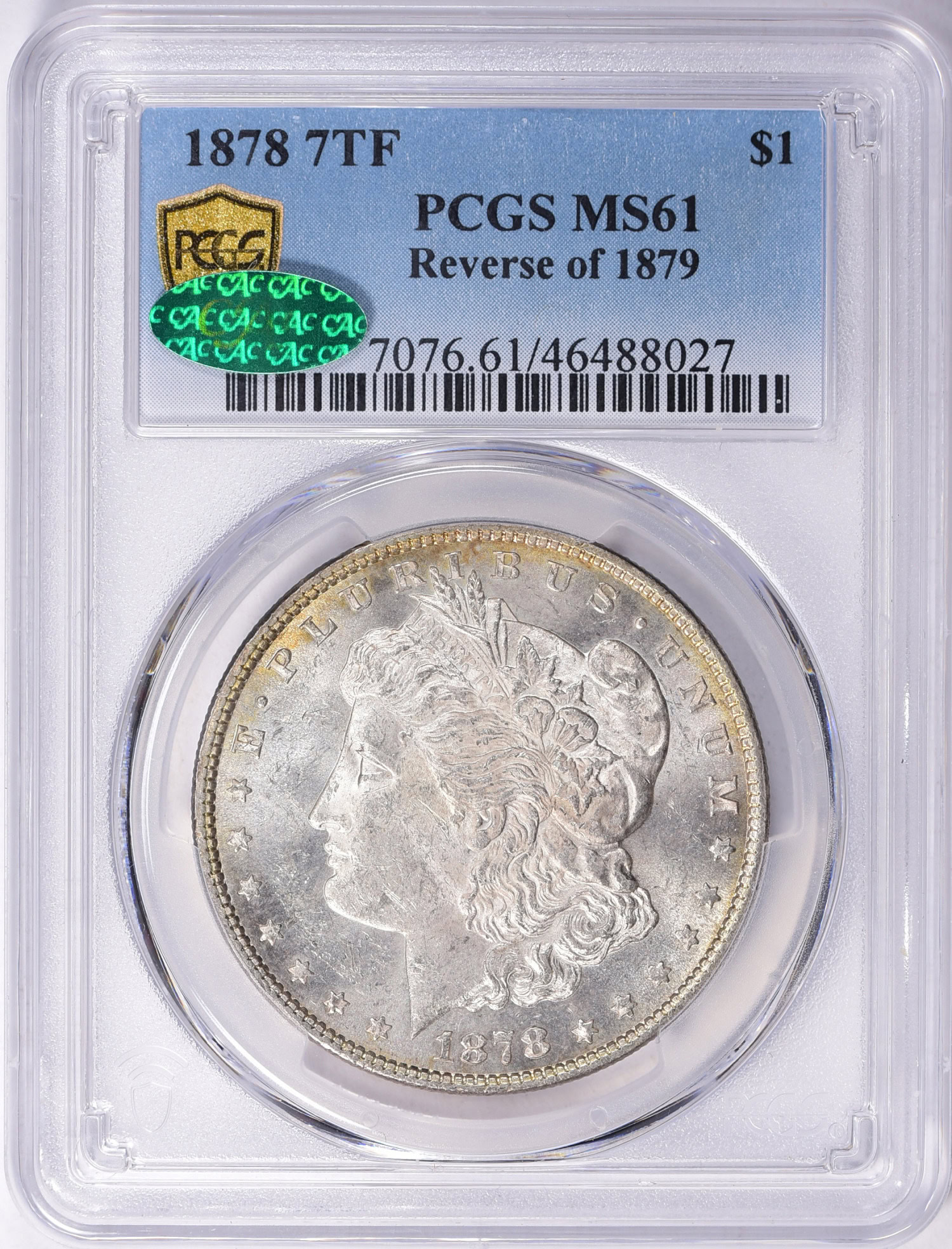 1878 Morgan Silver Dollar 7 Tailfeathers, Reverse of 1879 PCGS MS-61 (CAC Green) (Toned) (Item ...