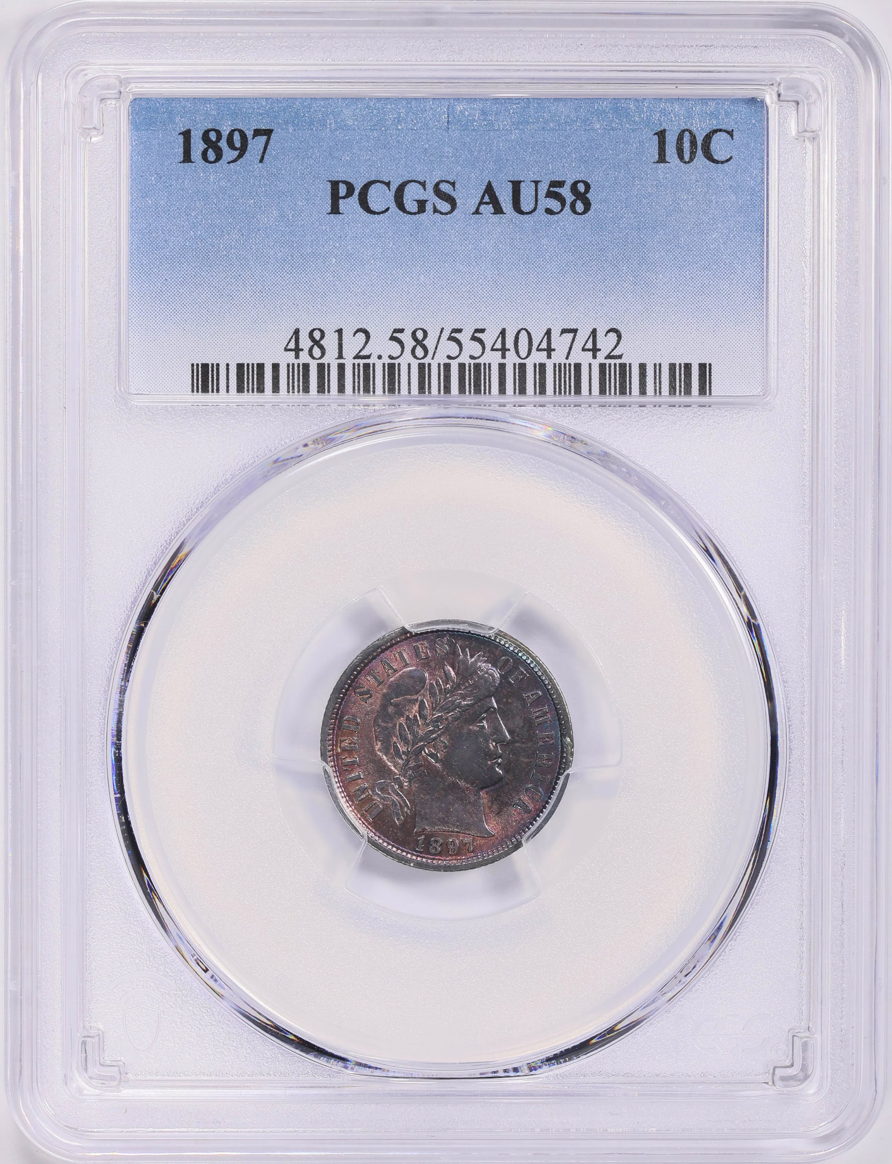 1897 Barber Dime PCGS AU-58 (Toned) (Item 1803288) | GreatCollections Coin Auctions