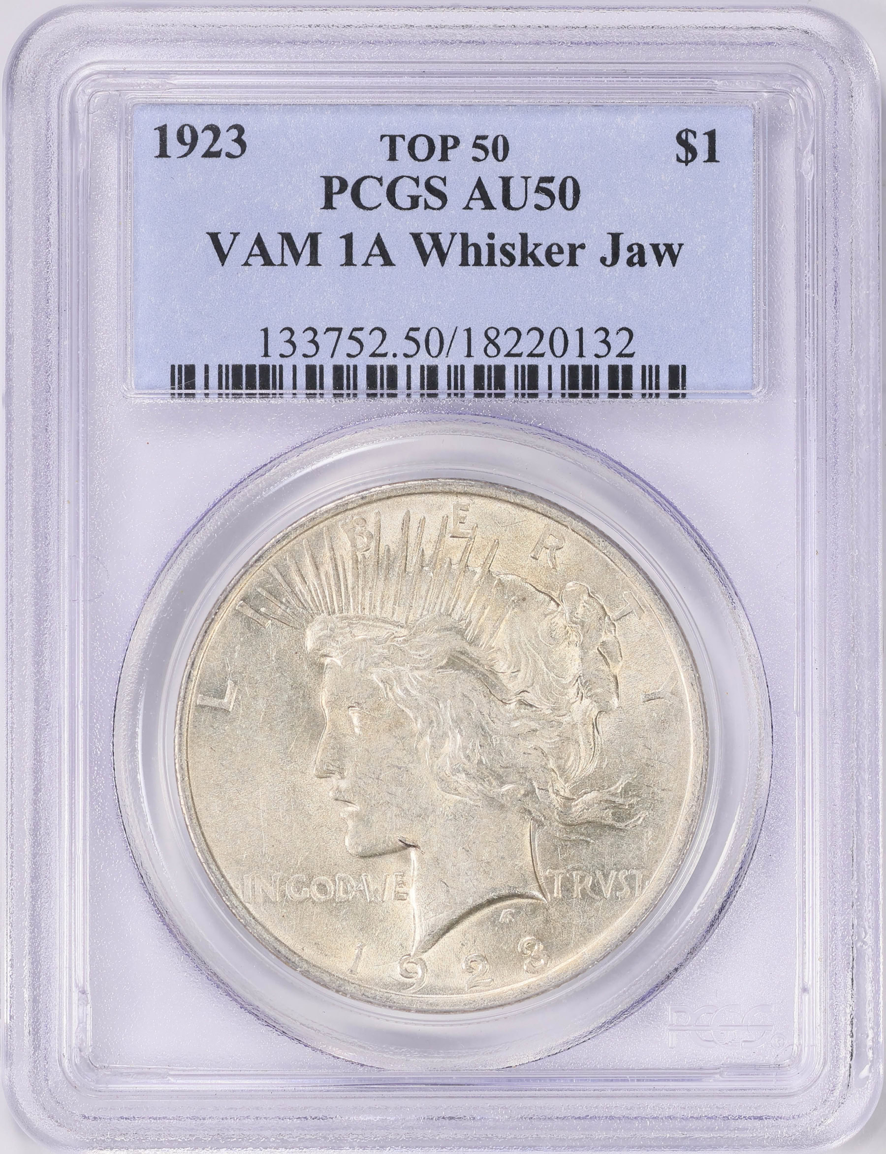 1923 Peace Silver Dollar Whisker Jaw VAM-1A Top 50 PCGS AU-50 (Item 1803459) | GreatCollections ...
