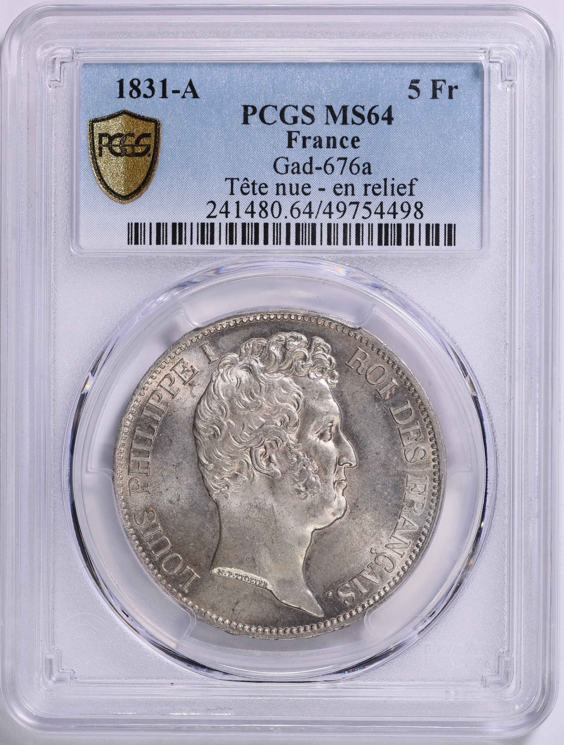 France 1831-A Silver 5 Francs Bare Head Raised Edge Lettering PCGS MS ...