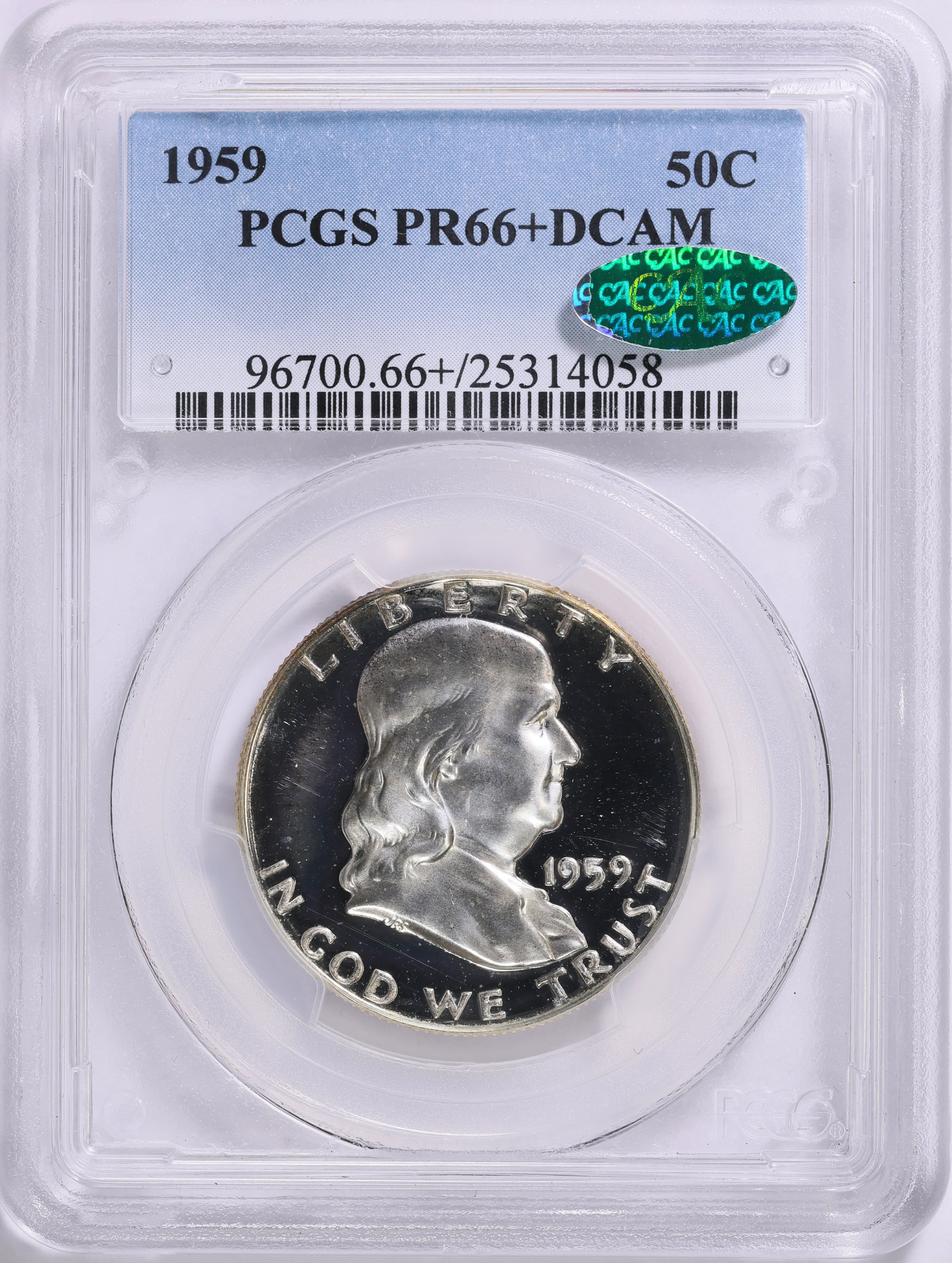 1959 Franklin Half Dollar PCGS Proof-66+ DCAM (CAC Green) (Toned) (Item ...