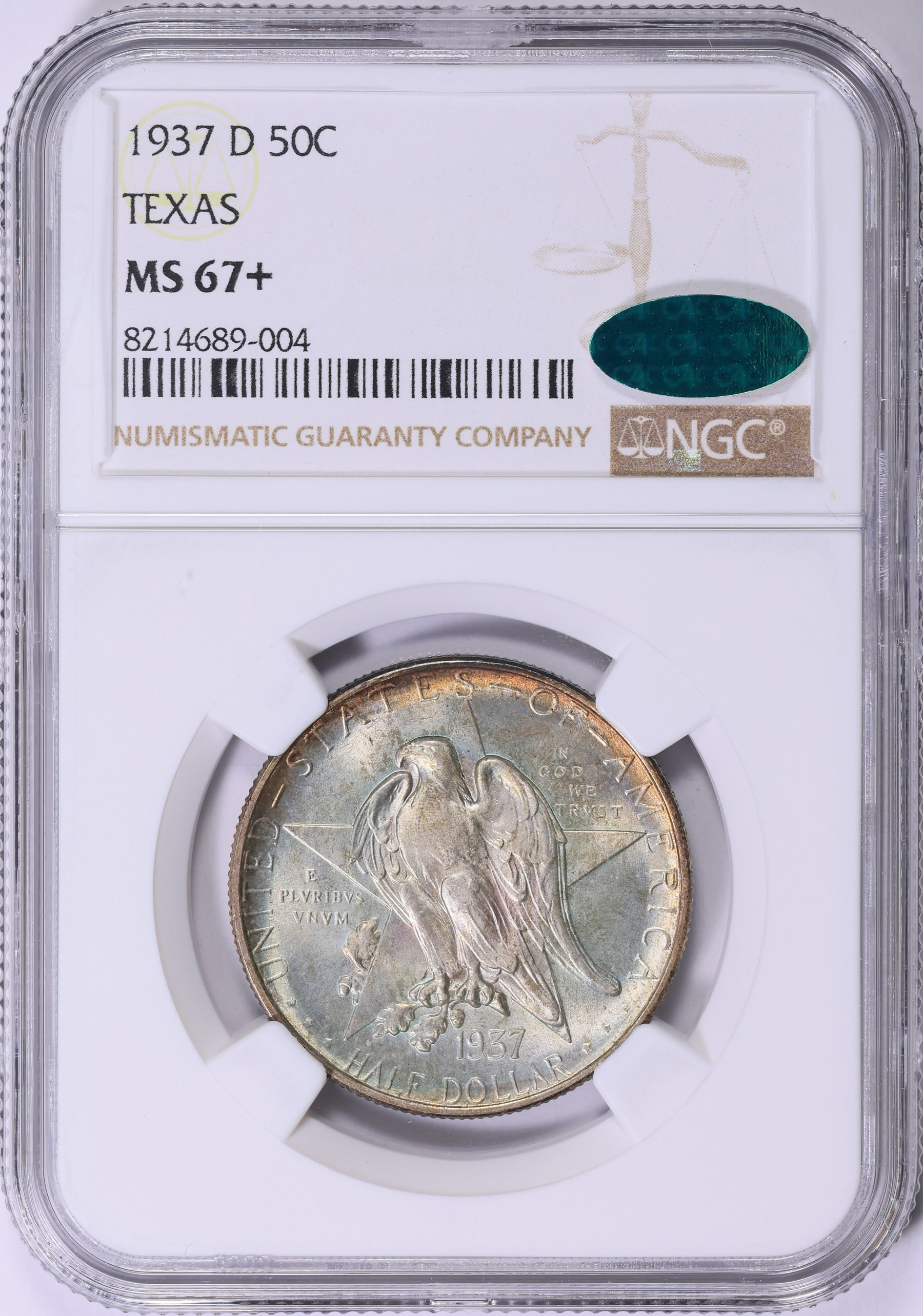 1937-D Texas Centennial Half Dollar NGC MS-67+ (CAC Green) (Toned ...
