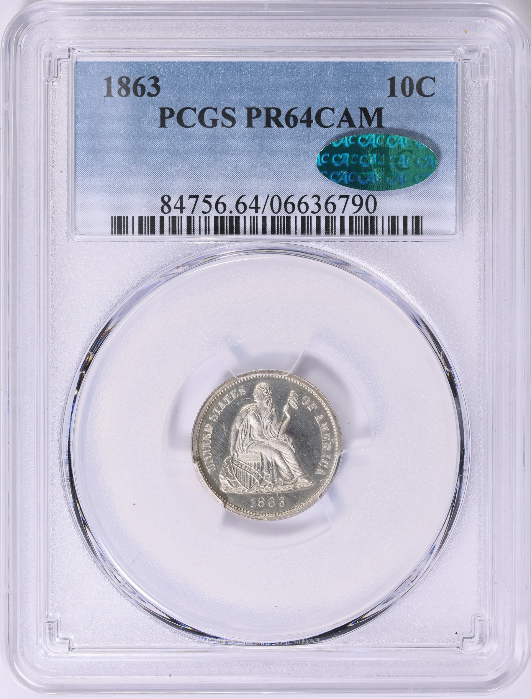 1863 Seated Liberty Dime PCGS Proof-64 CAMEO (CAC Green) (Item 1803893) | GreatCollections Coin ...