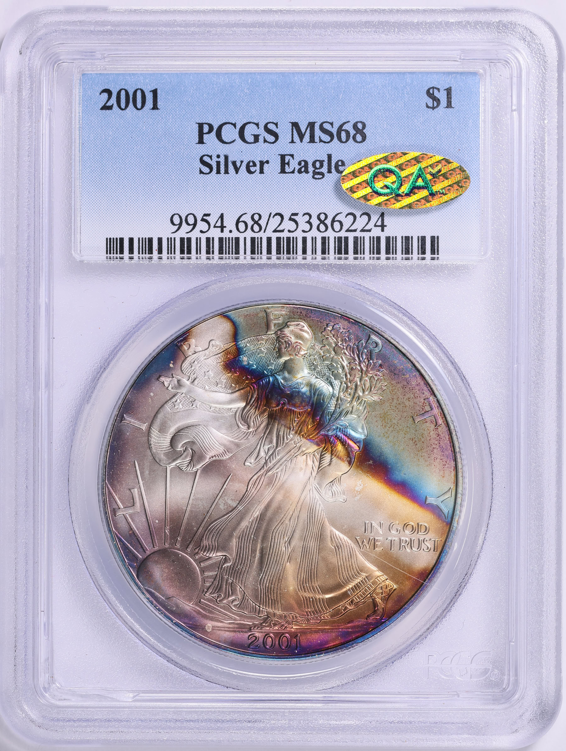 2001 $1 Silver Eagle PCGS MS-68 (Gold QA) (Toned) (Item 1803971 ...
