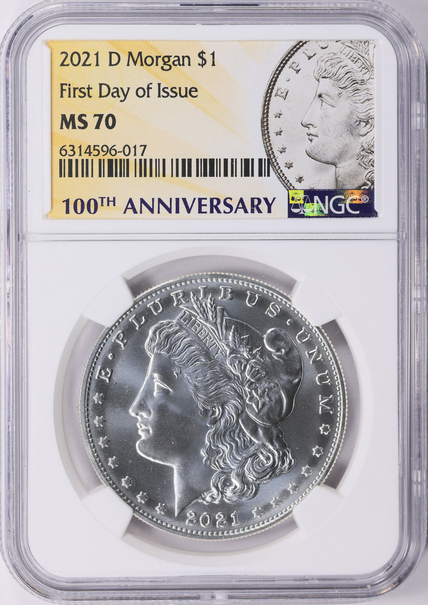2021-D Morgan Silver Dollar D Privy 100th Anniversary First Day of Issue NGC MS-70 (Item 1803982 ...