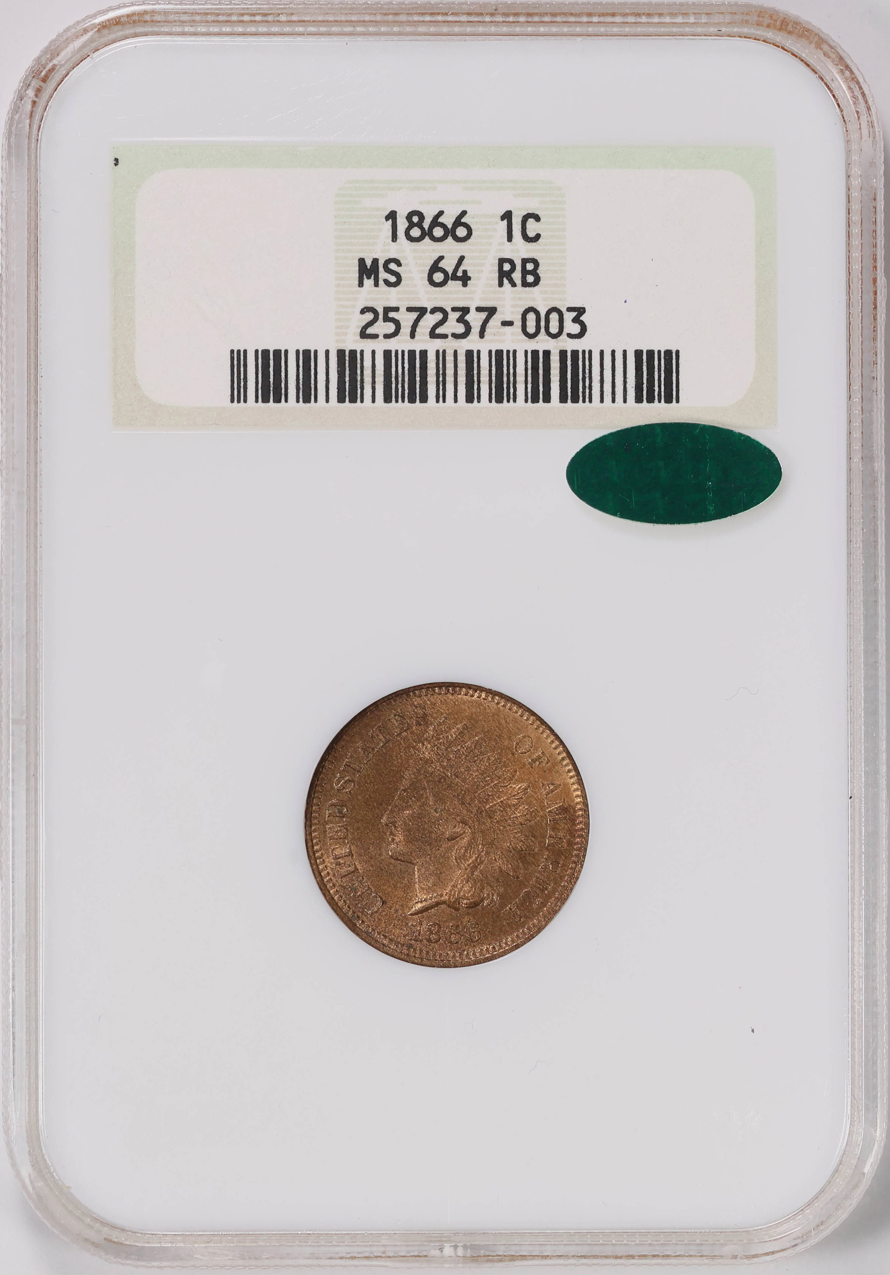 1866 Indian Cent NGC MS-64 RB (CAC Green) OH (Item 1804027) | GreatCollections Coin Auctions