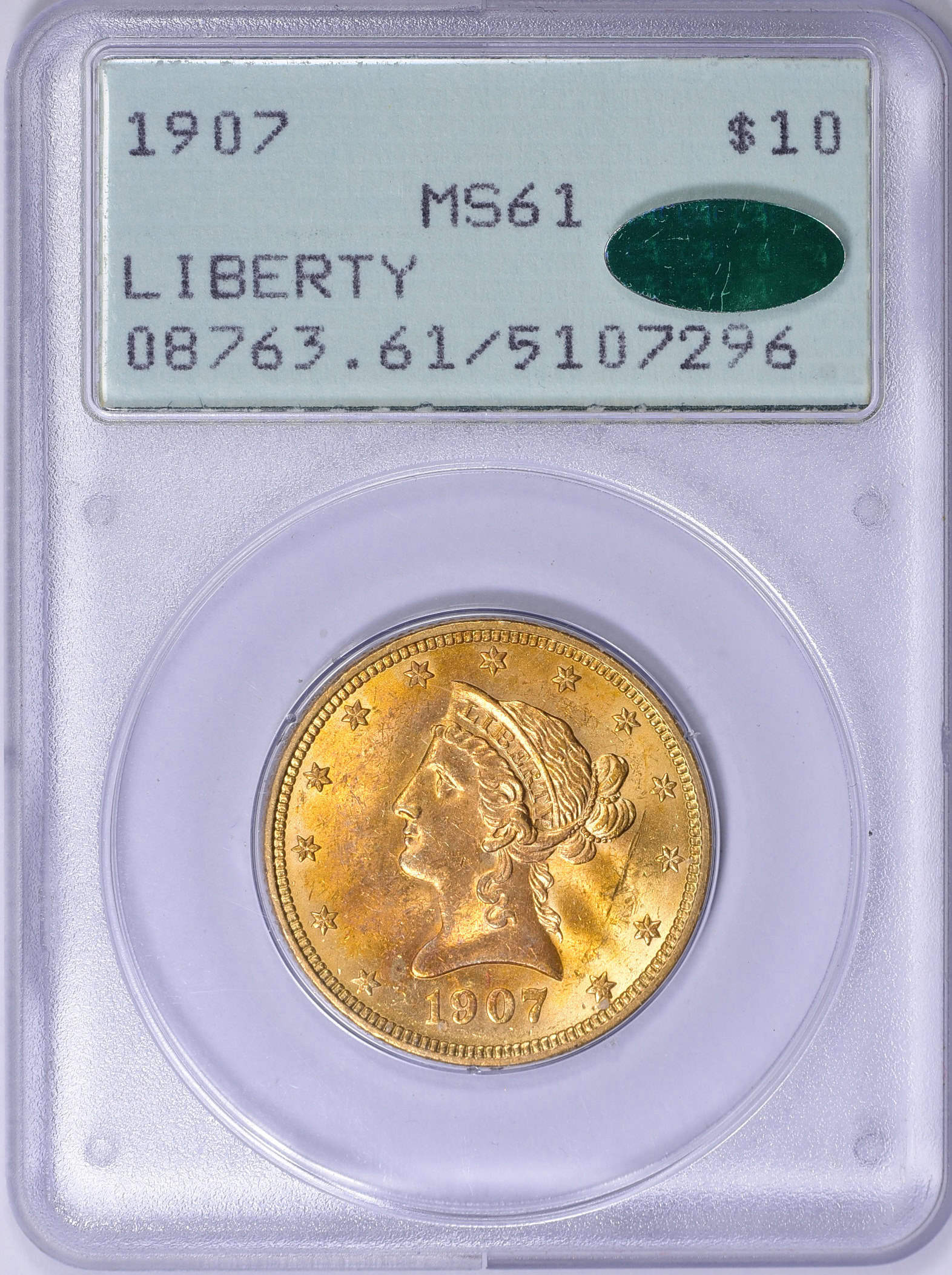 1907 Liberty Gold Eagle PCGS MS-61 (CAC Green) OGH (1st Gen) (Item 1804454) | GreatCollections ...