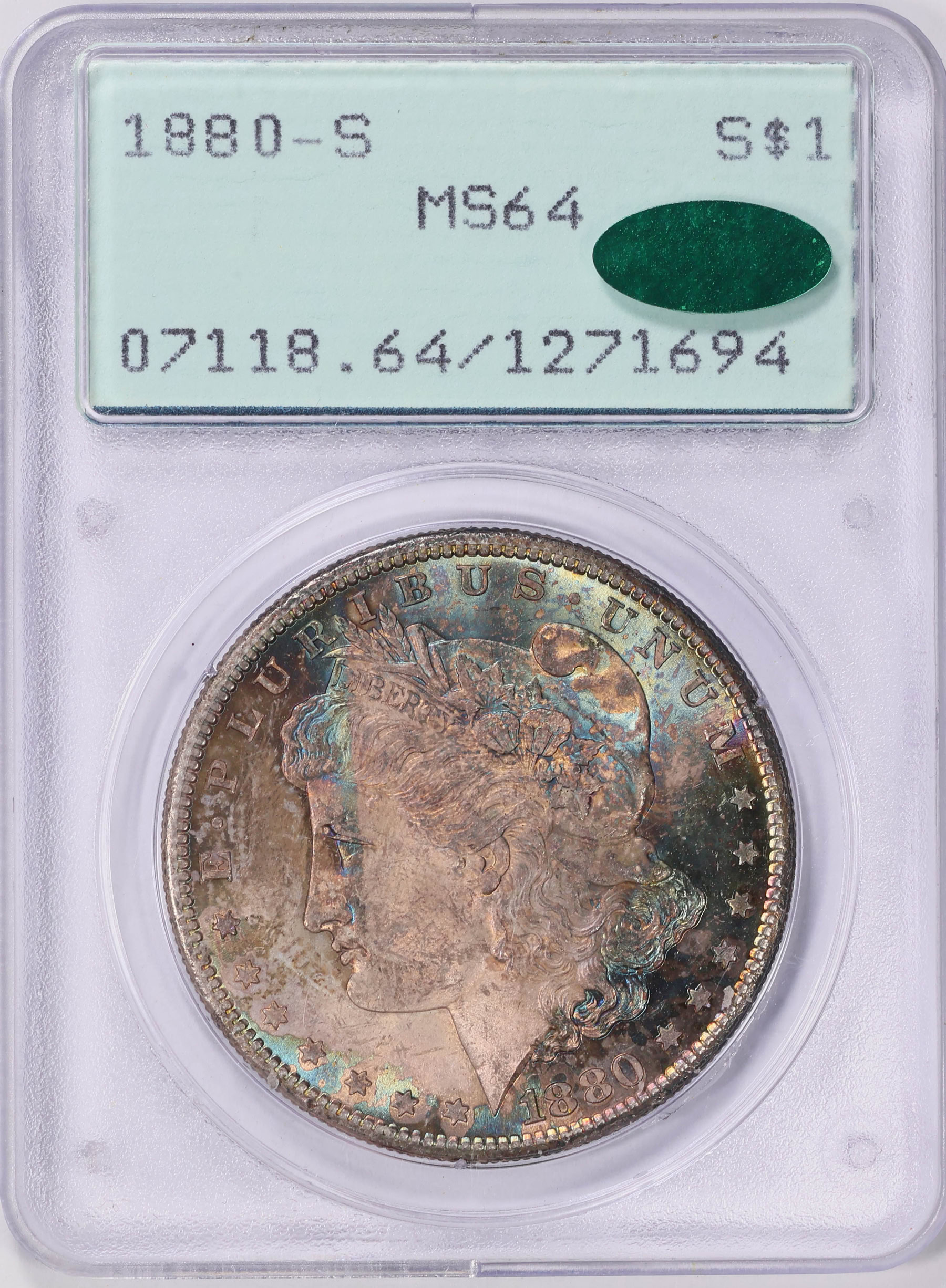1880-S Morgan Silver Dollar PCGS MS-64 (CAC Green) OGH (1st Gen) (Toned) (Item 1804455 ...