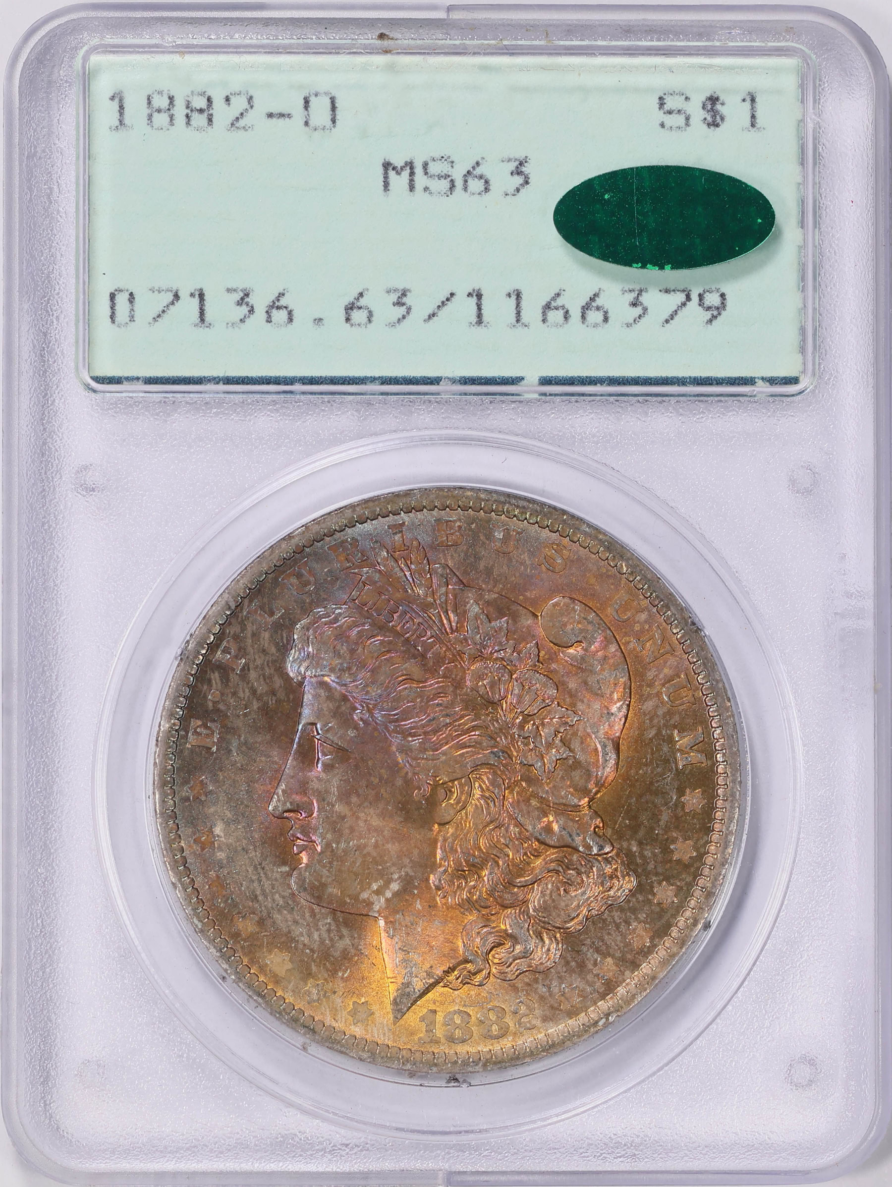 1882-O Morgan Silver Dollar PCGS MS-63 (CAC Green) OGH (1st Gen) (Toned) (Item 1804456 ...