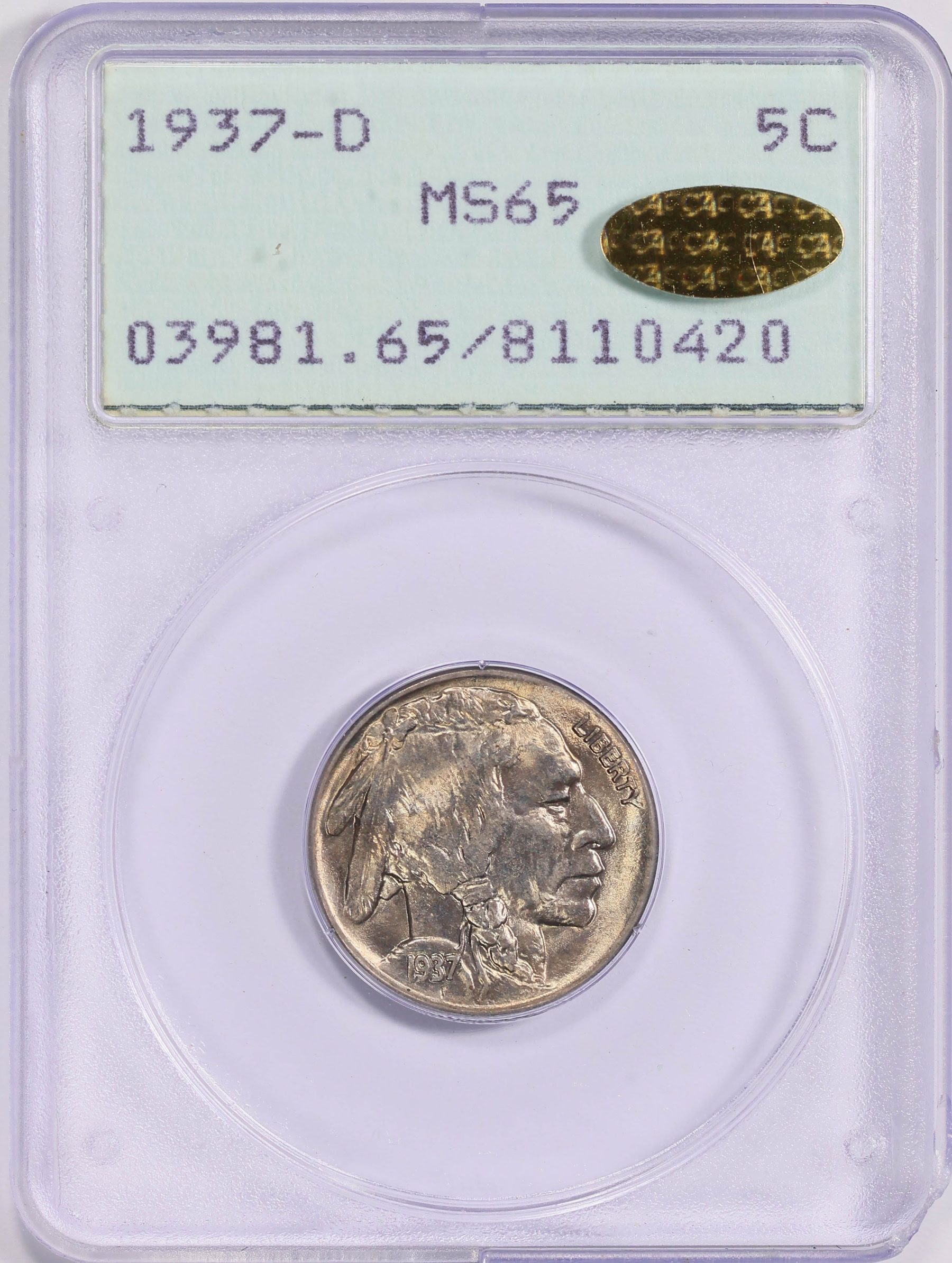 1937-D Buffalo Nickel PCGS MS-65 (CAC Gold) OGH (1st Gen) (Item 1804462) | GreatCollections Coin ...