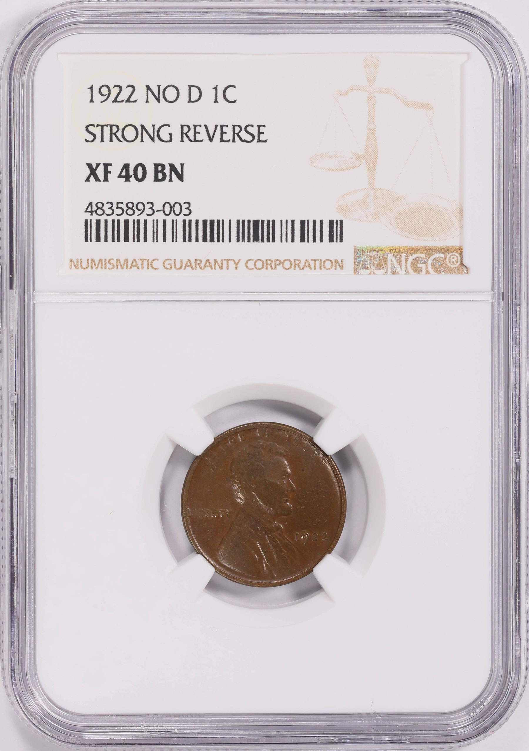 1922-No D Lincoln Cent Strong Reverse NGC XF-40 BN (Item 1804471) | GreatCollections Coin Auctions