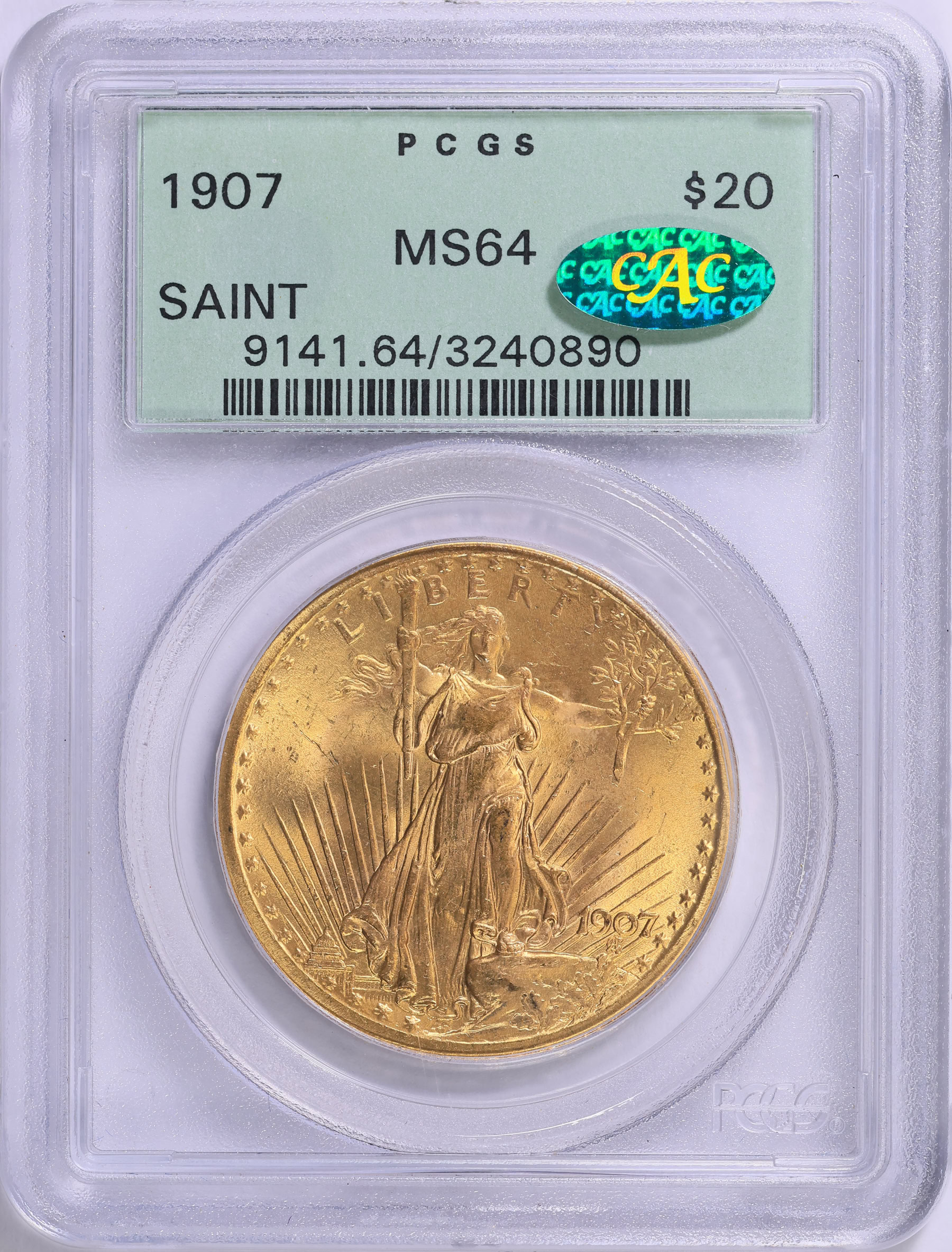 1907 Saint-Gaudens Gold Double Eagle Arabic Numerals PCGS MS-64 (CAC Green) OGH (Item 1804585 ...