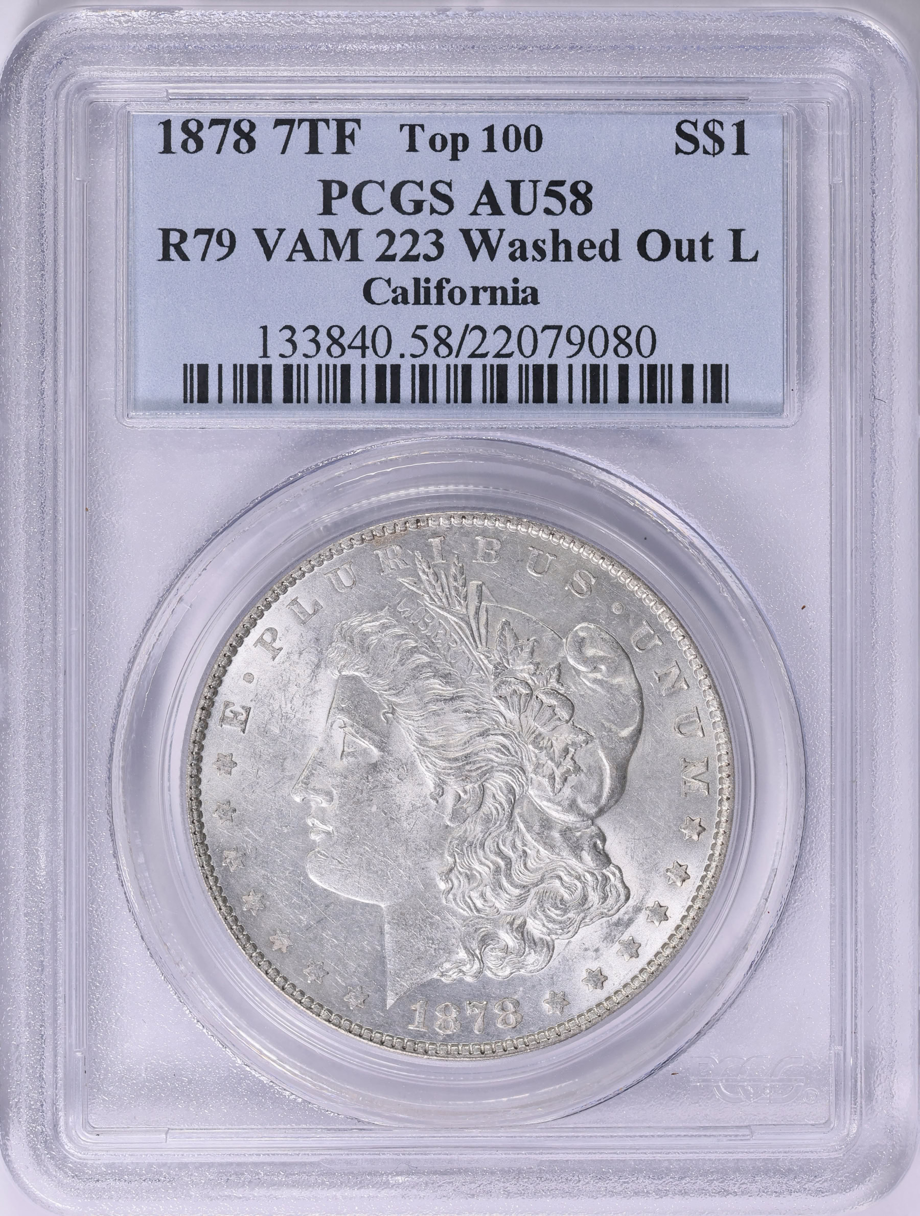 1878 7TF Morgan Silver Dollar Washed Out L Reverse of 1879 VAM-223 Top 100 PCGS AU-58 (Item ...