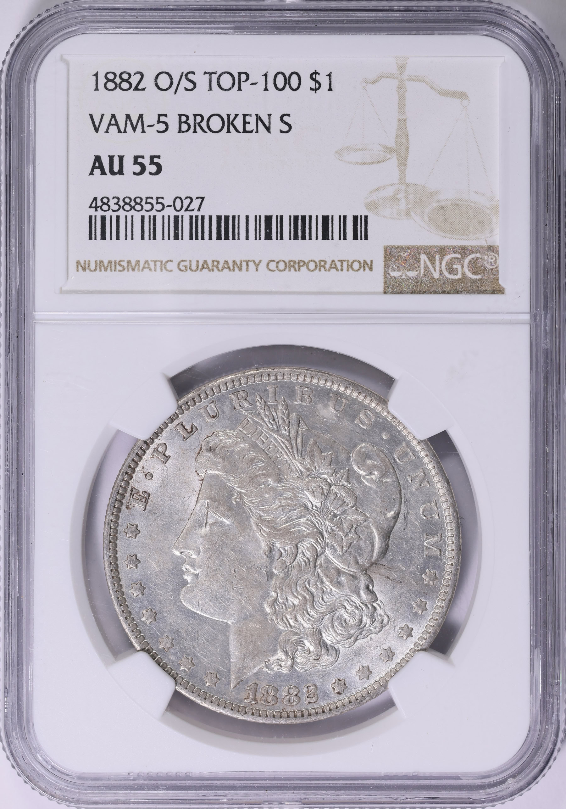 1882-O/S Morgan Silver Dollar Broken S VAM-5 Top 100 NGC AU-55 (Item 1804757) | GreatCollections ...