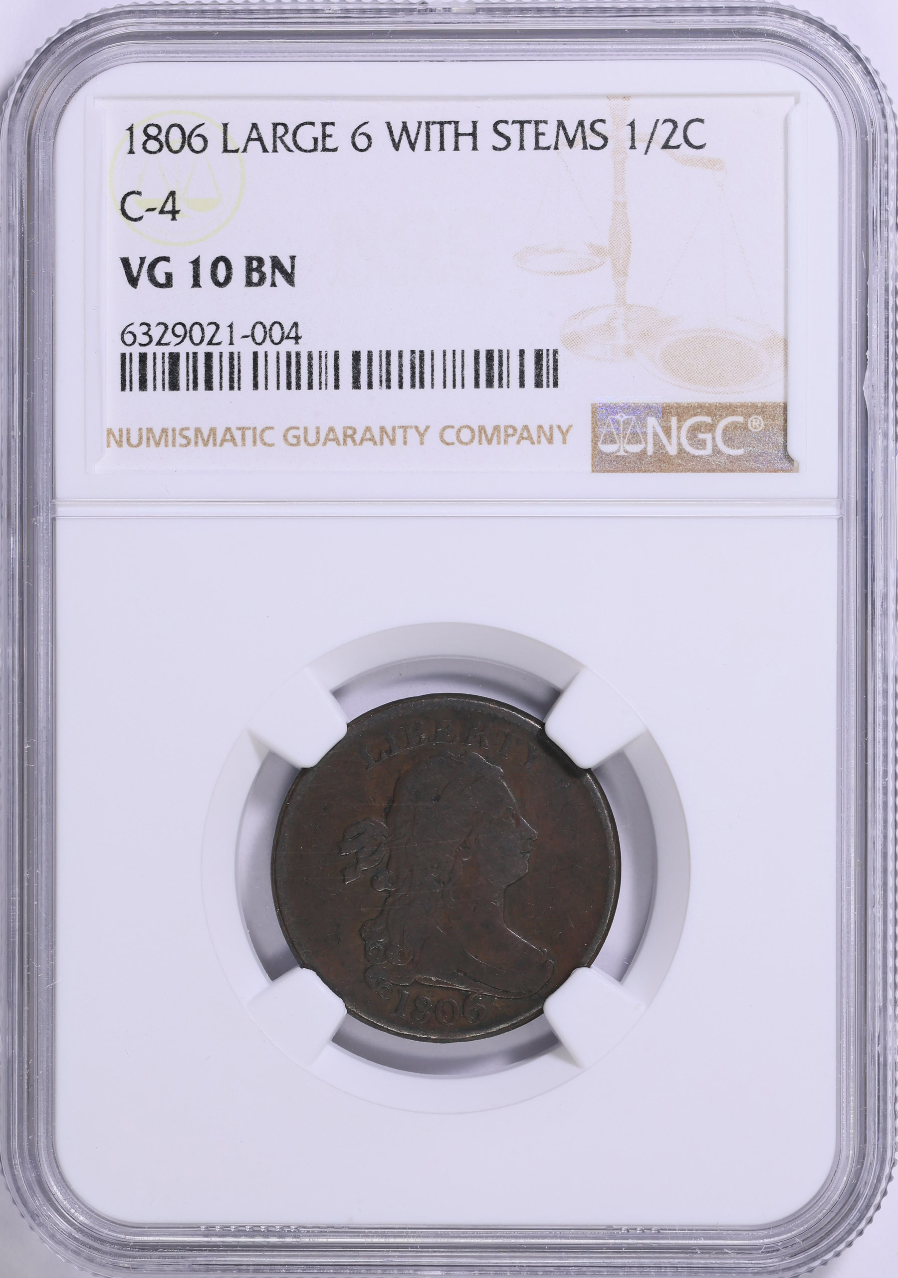 1806 Draped Bust Half Cent Large 6, Stems Cohen 4 NGC VG-10 BN (Item ...