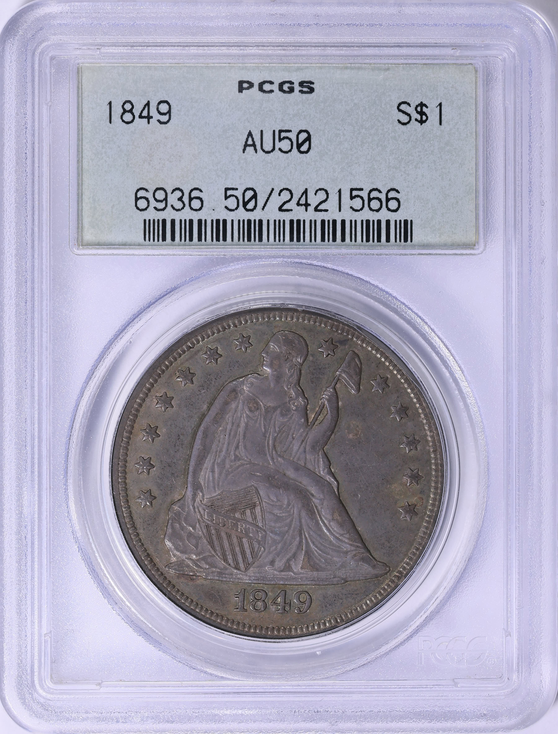 1849 Seated Liberty Silver Dollar PCGS AU-50 OGH (Toned) (Item 1804889) | GreatCollections Coin ...