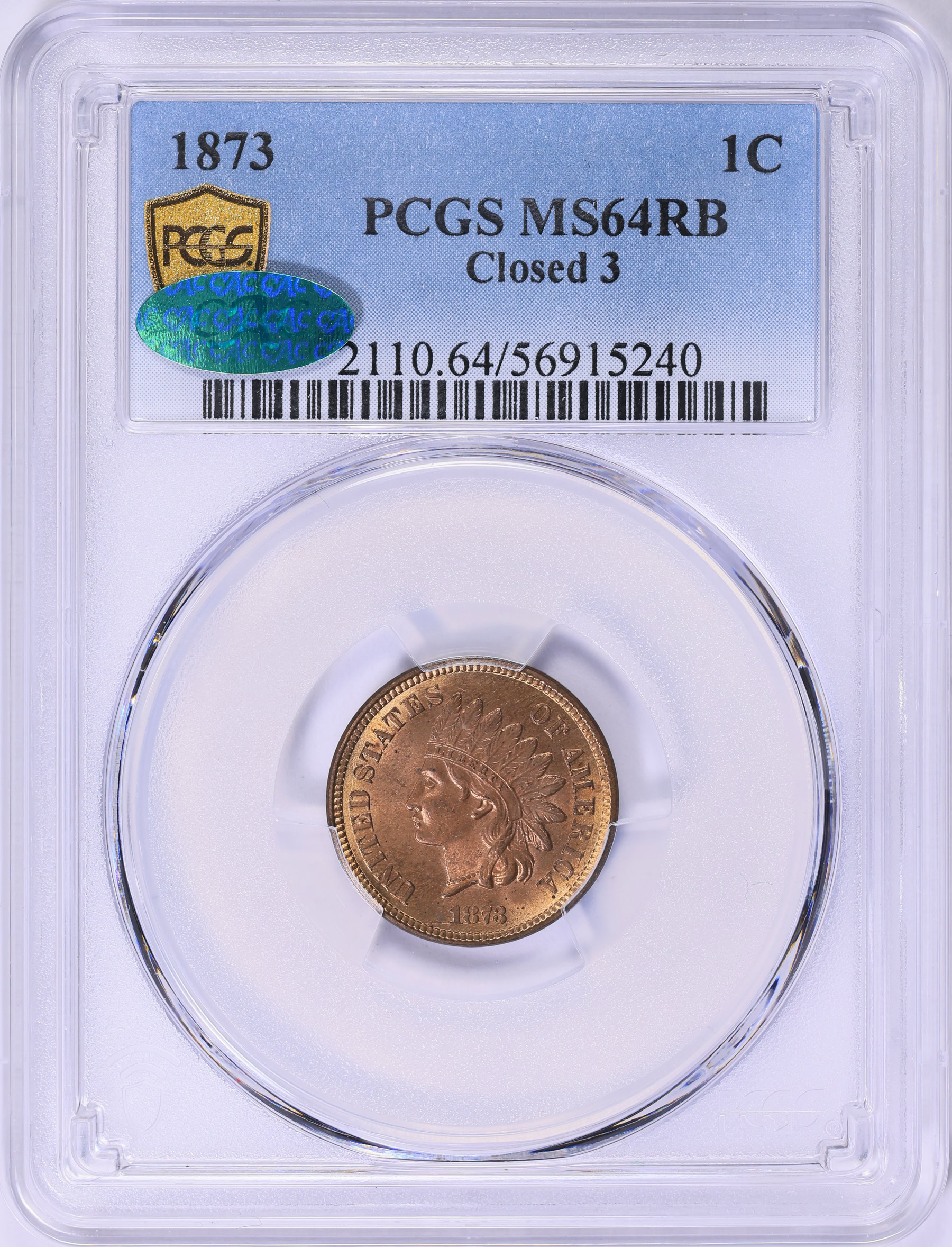 1873 Indian Cent Closed 3 PCGS MS-64 RB (CAC Green) (Item 1804926) | GreatCollections Coin Auctions