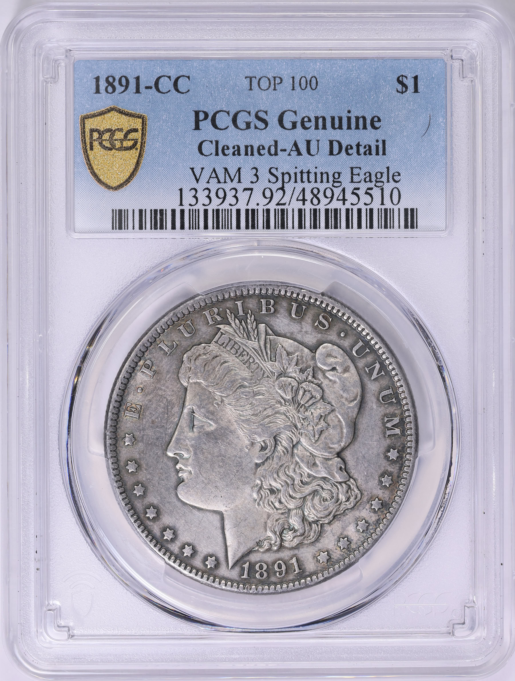 1891-CC Morgan Silver Dollar Spitting Eagle VAM-3 Top 100 PCGS Genuine AU Details (Item 1805019 ...