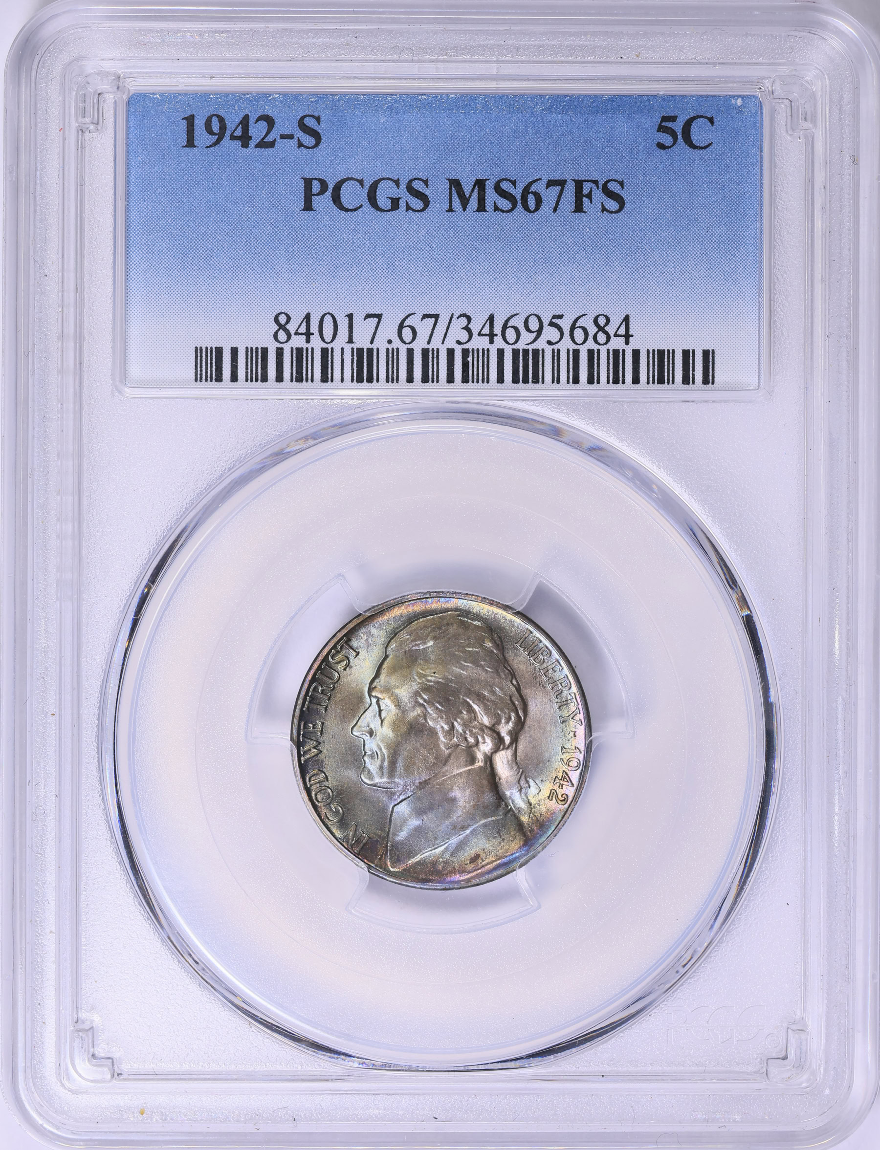 1942-S Jefferson Nickel Type 2 PCGS MS-67 FS (Toned) (Item 1805055) | GreatCollections Coin Auctions