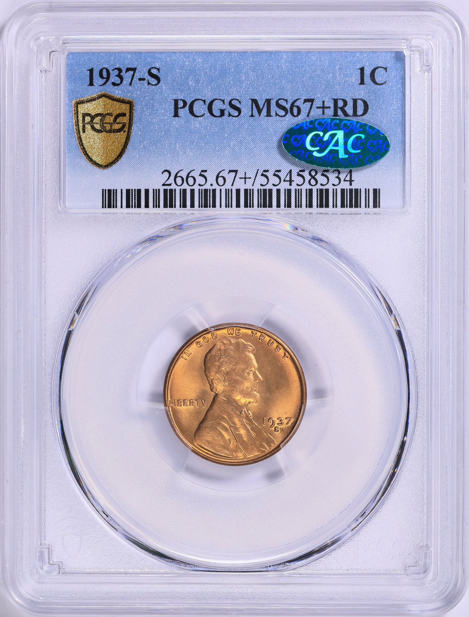 1937-S Lincoln Cent PCGS MS-67+ RD (CAC Green) (Item 1805099) | GreatCollections Coin Auctions