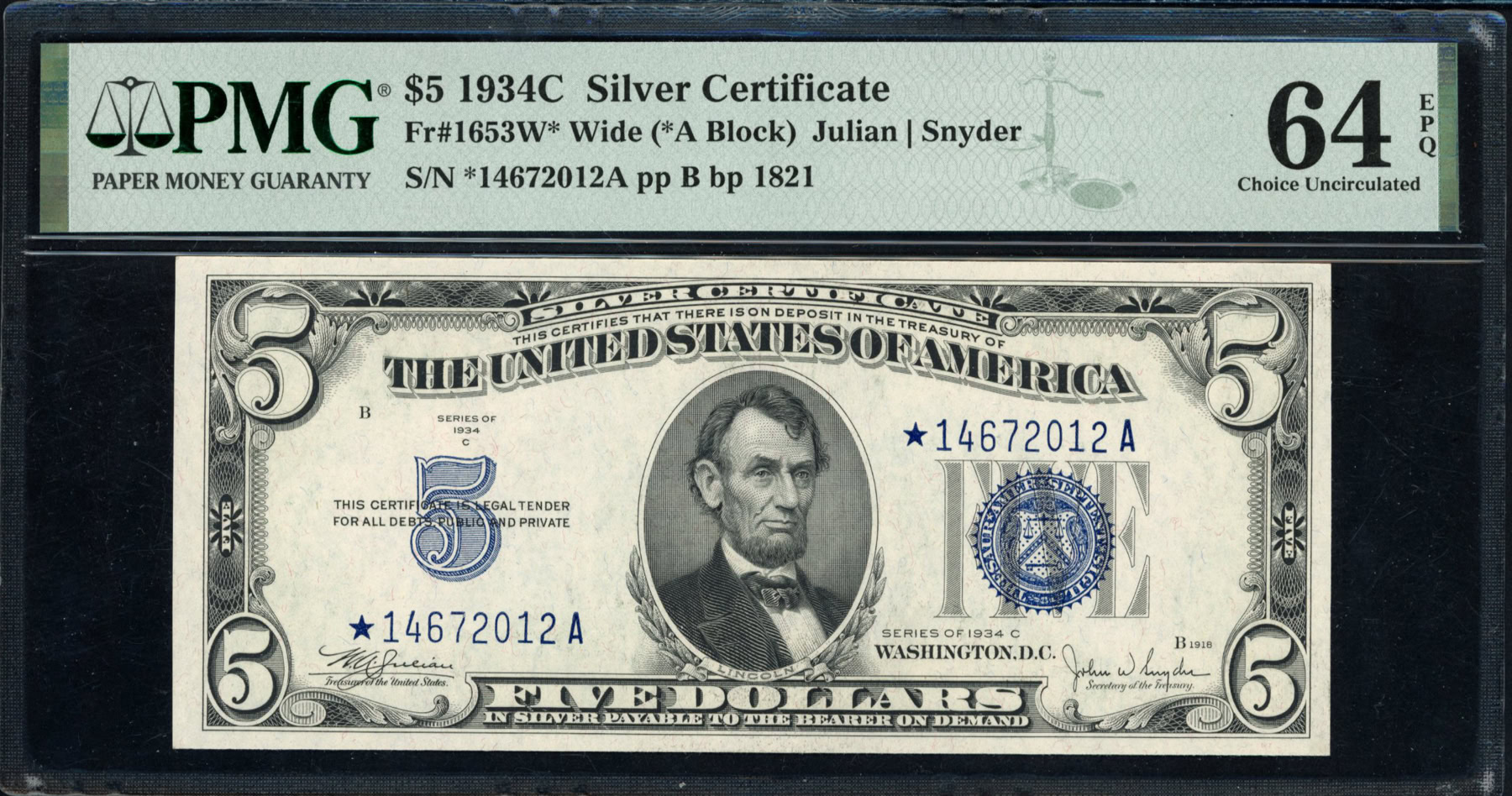 Fr. 1653W* Wide (*A Block) 1934C $5 Silver Certificate Star Note Julian / Snyder PMG Choice ...