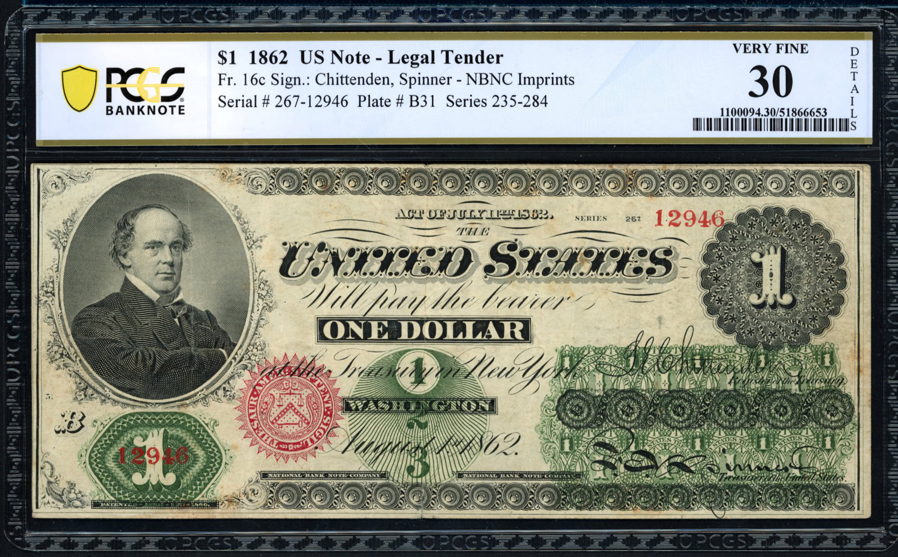 Fr. 16c 1862 $1 Legal Tender Type 2 Note Series 267 Chittenden ...