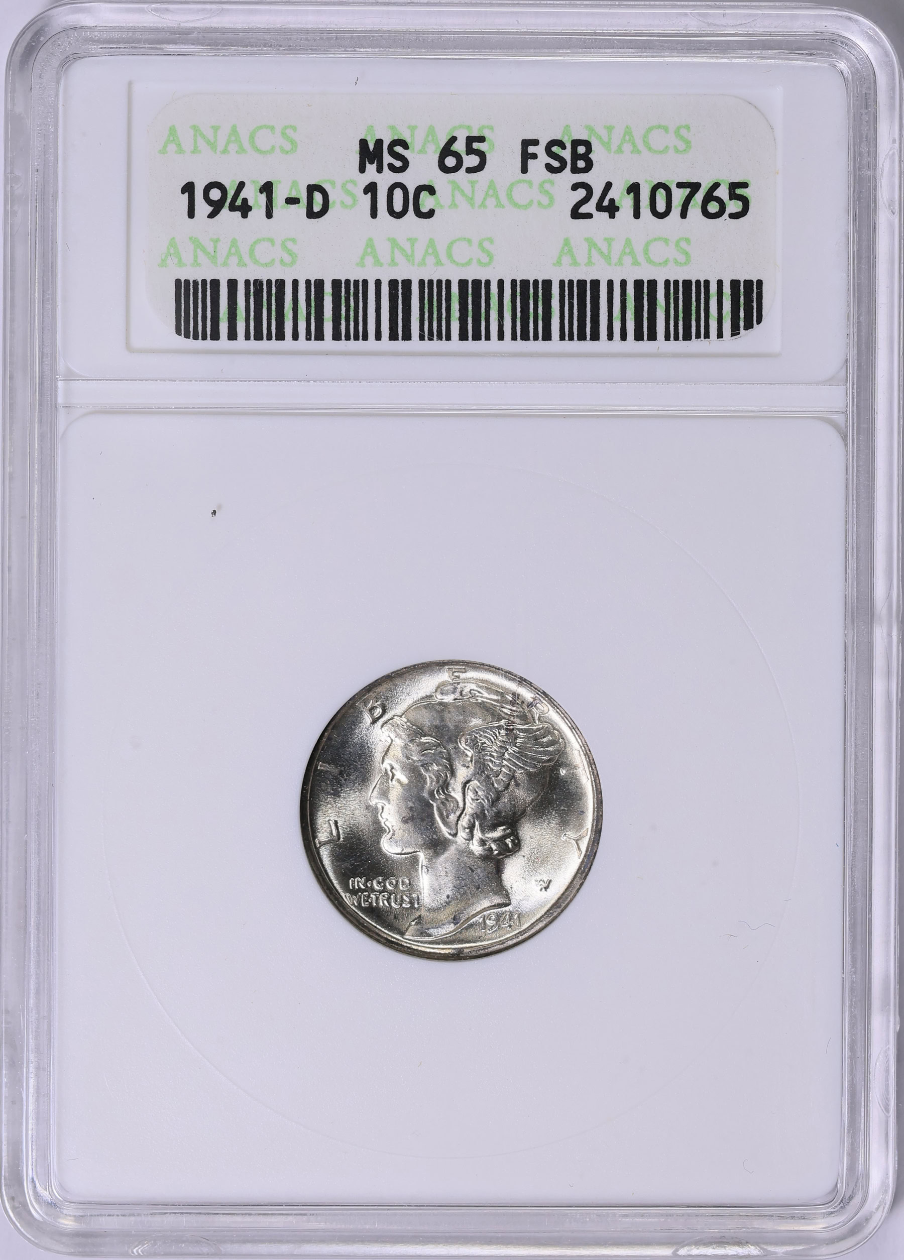 1941-D Mercury Dime ANACS MS-65 FB OH (Item 1806149) | GreatCollections Coin Auctions