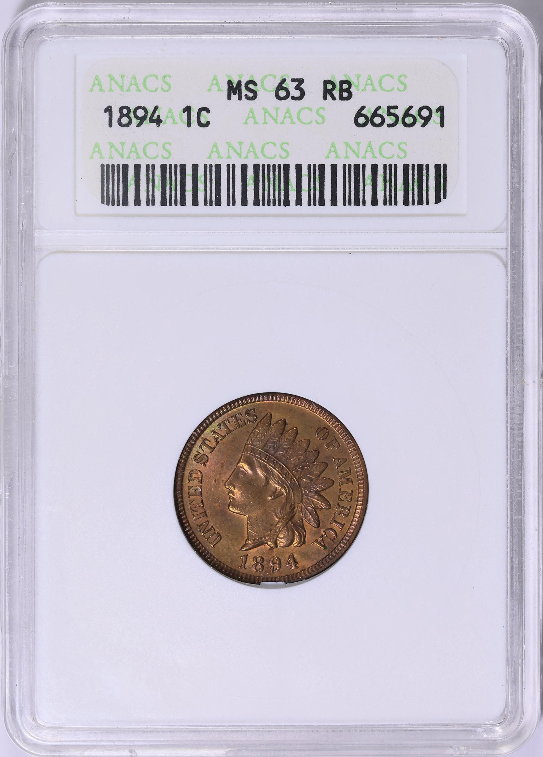 1894 Indian Cent ANACS MS-63 RB OH (Item 1806151) | GreatCollections Coin Auctions