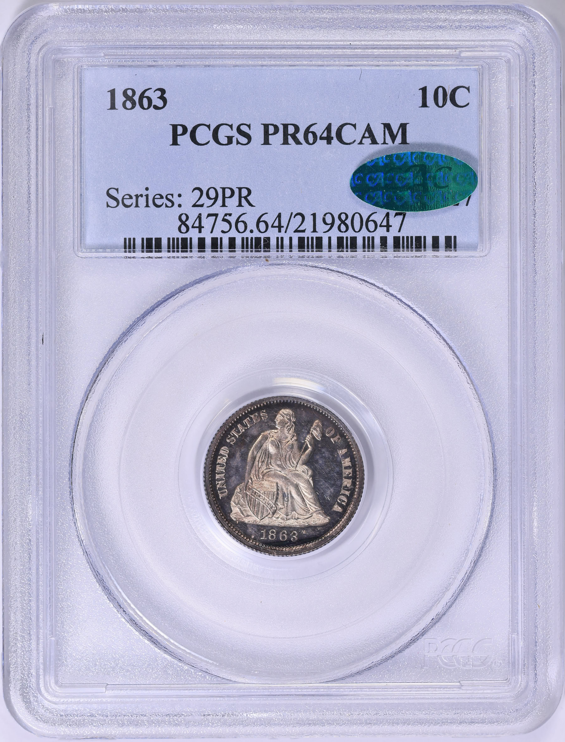 1863 Seated Liberty Dime PCGS Proof-64 CAMEO (CAC Green) (Toned) (Item 1806194 ...