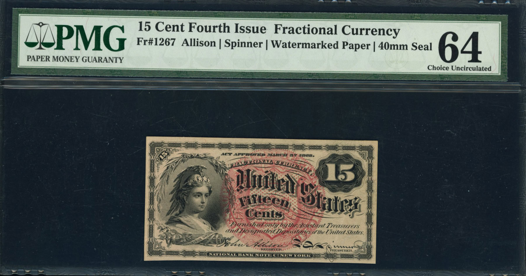 Fr. 1267 Fourth Issue 15 Cents Fractional Currency Note Allison ...